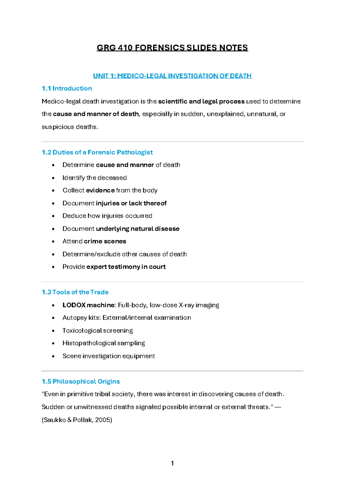 Forensic Medicine Semester Test 1 - GRG 410 FORENSICS SLIDES NOTES UNIT ...