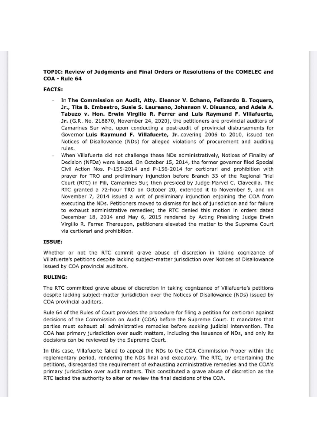 Review of Judgments on COA & COMELEC Final Orders (Rule 64) - Studocu