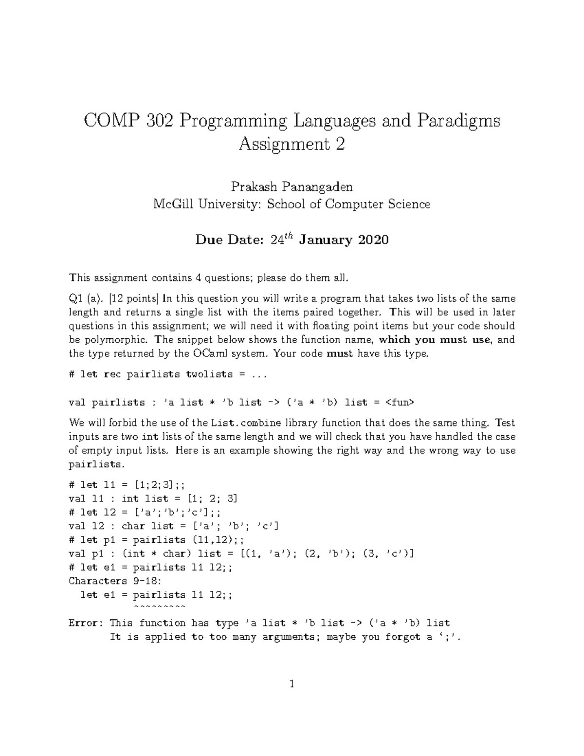 Hw2 - Ocaml Assignment 2 - COMP 302 Programming Languages and Paradigms ...
