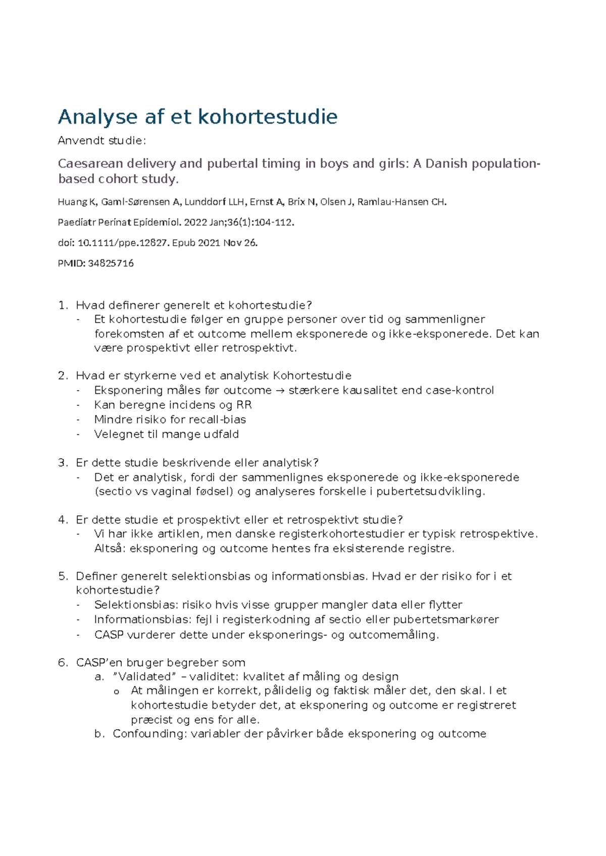 Kohortestudie Analyse: Caesarean Delivery & Pubertal Timing - Studocu