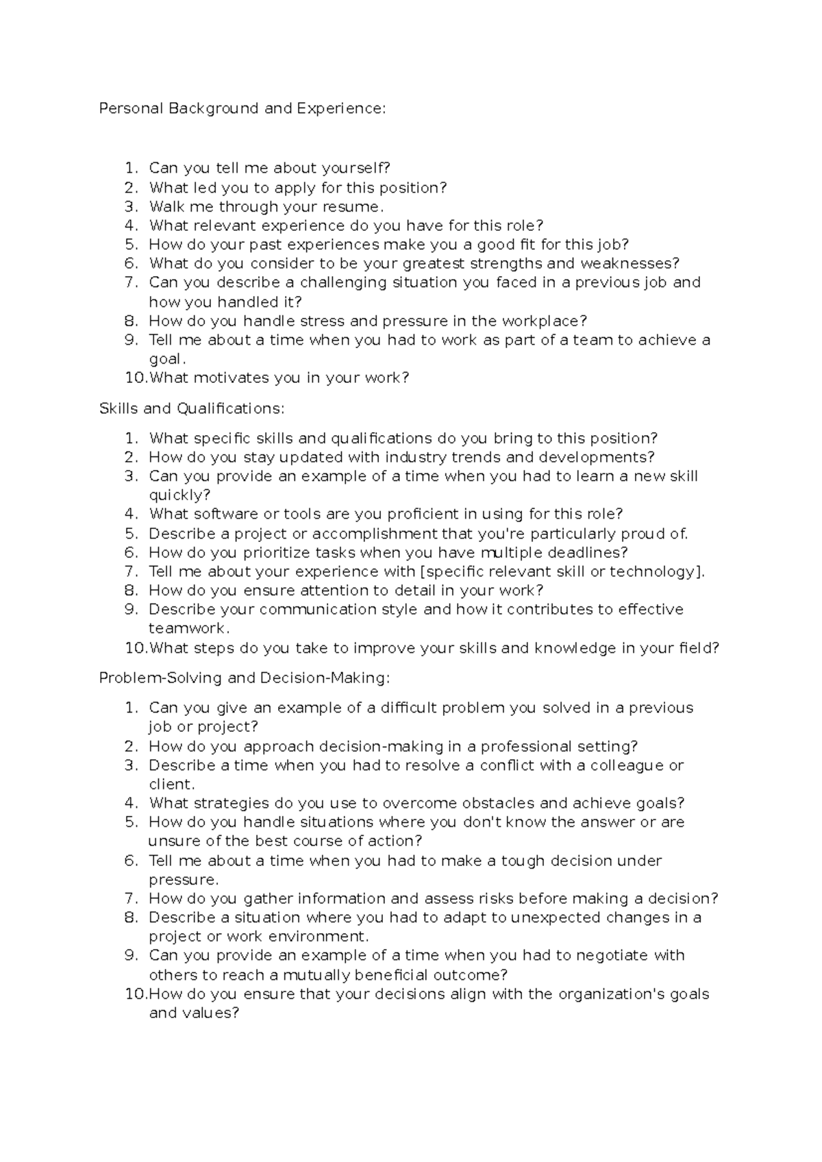 Interview Question Pool for Mock Interviews and Preparation - Studocu