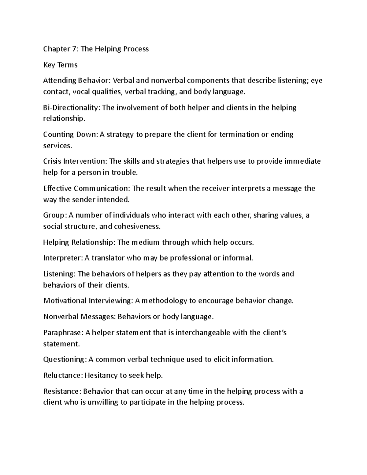 Chapter 7 Key Terms: Understanding the Helping Process - Studocu