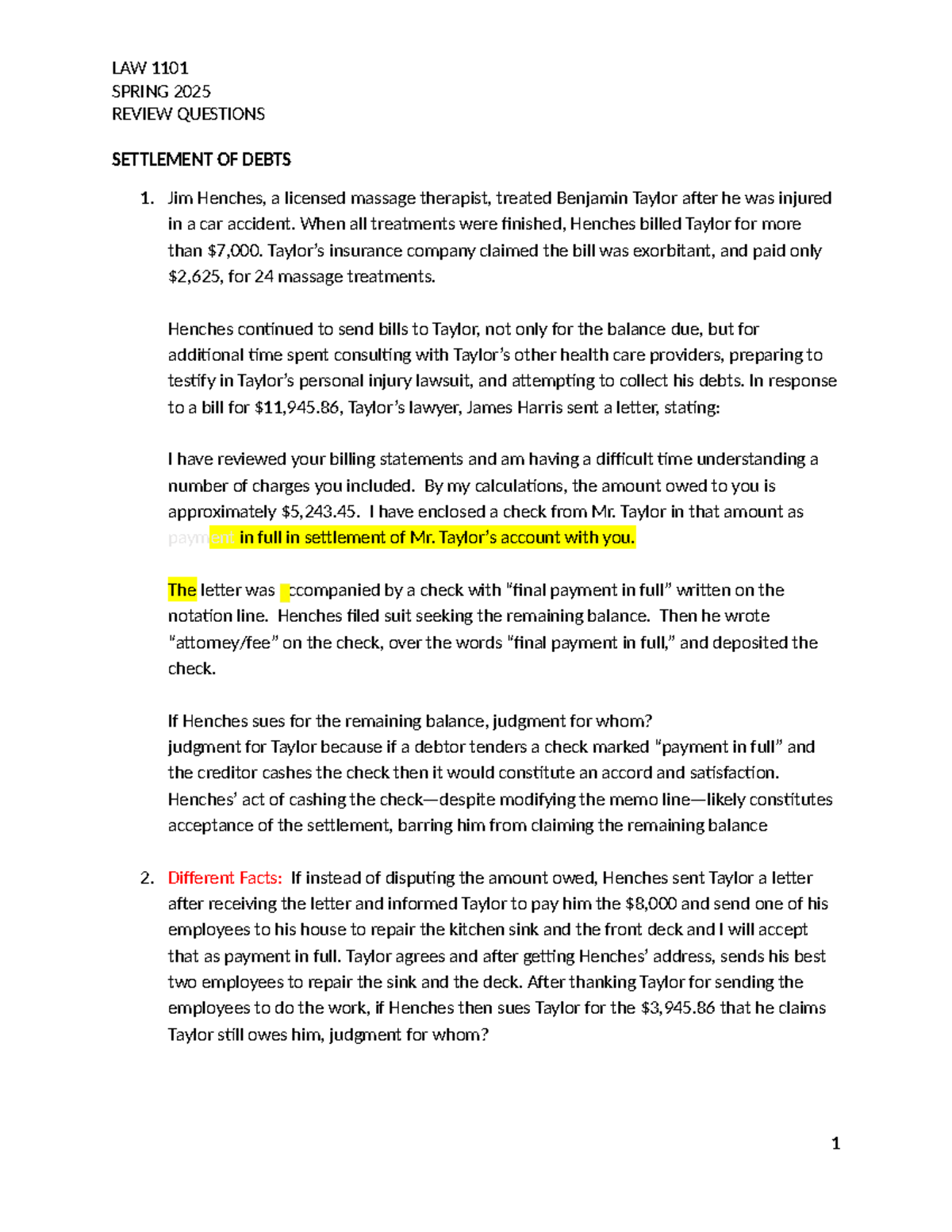 LAW 1101 SPRING 2025 FINAL REVIEW QUESTIONS ON DEBT SETTLEMENT AND ...