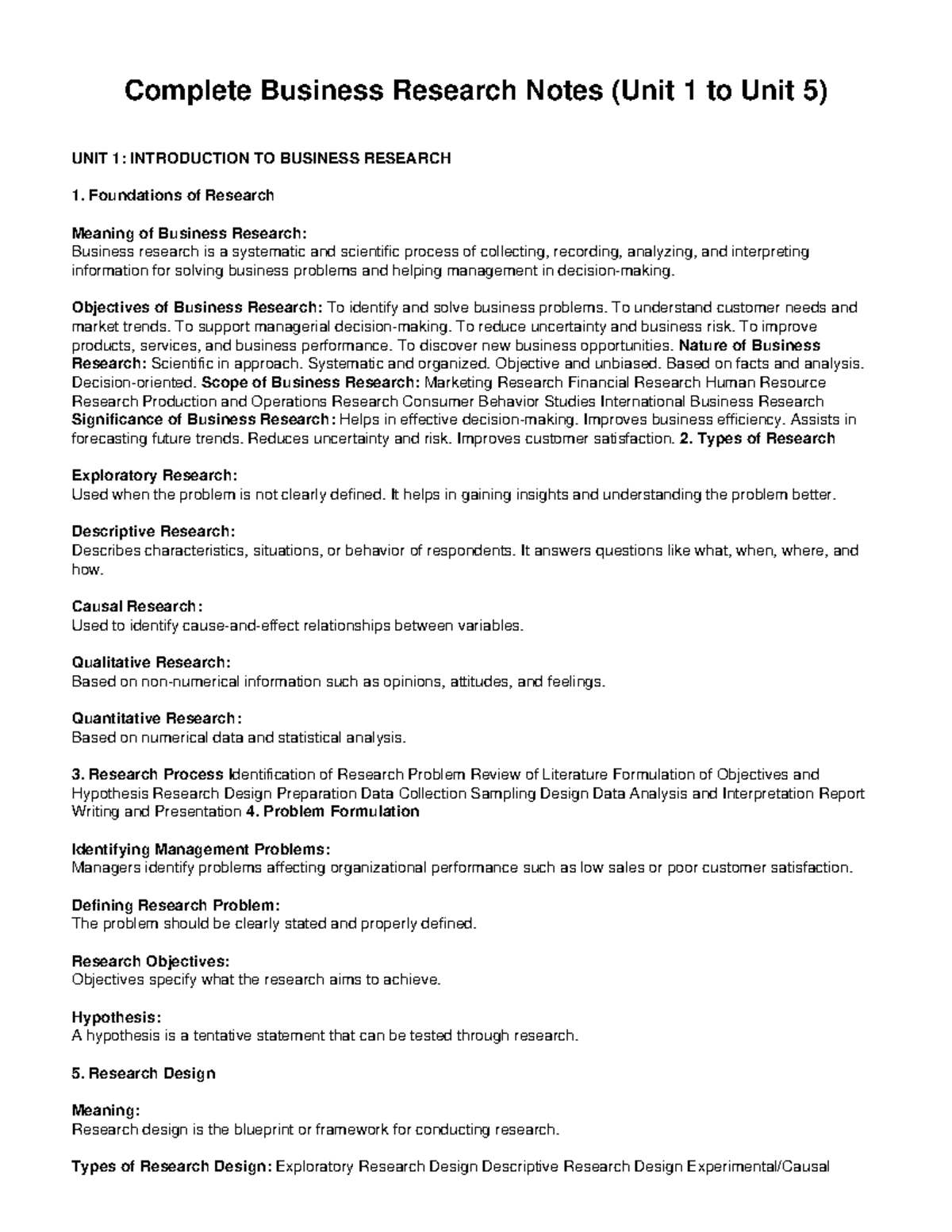 Business Research Notes: Units 1-5 Overview and Key Concepts - Studocu
