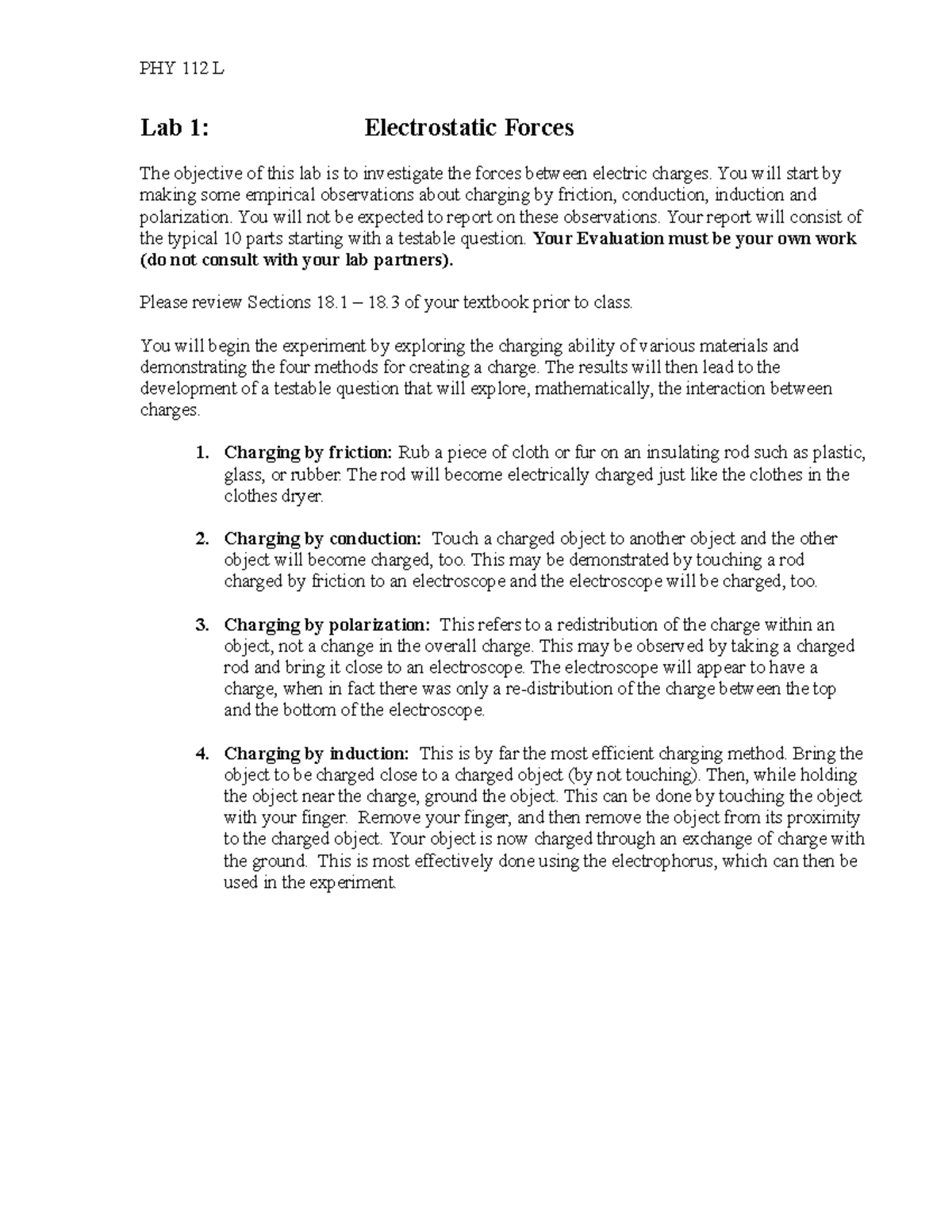 Phy112l - Lab 1: Investigating Electrostatic Forces and Charging ...