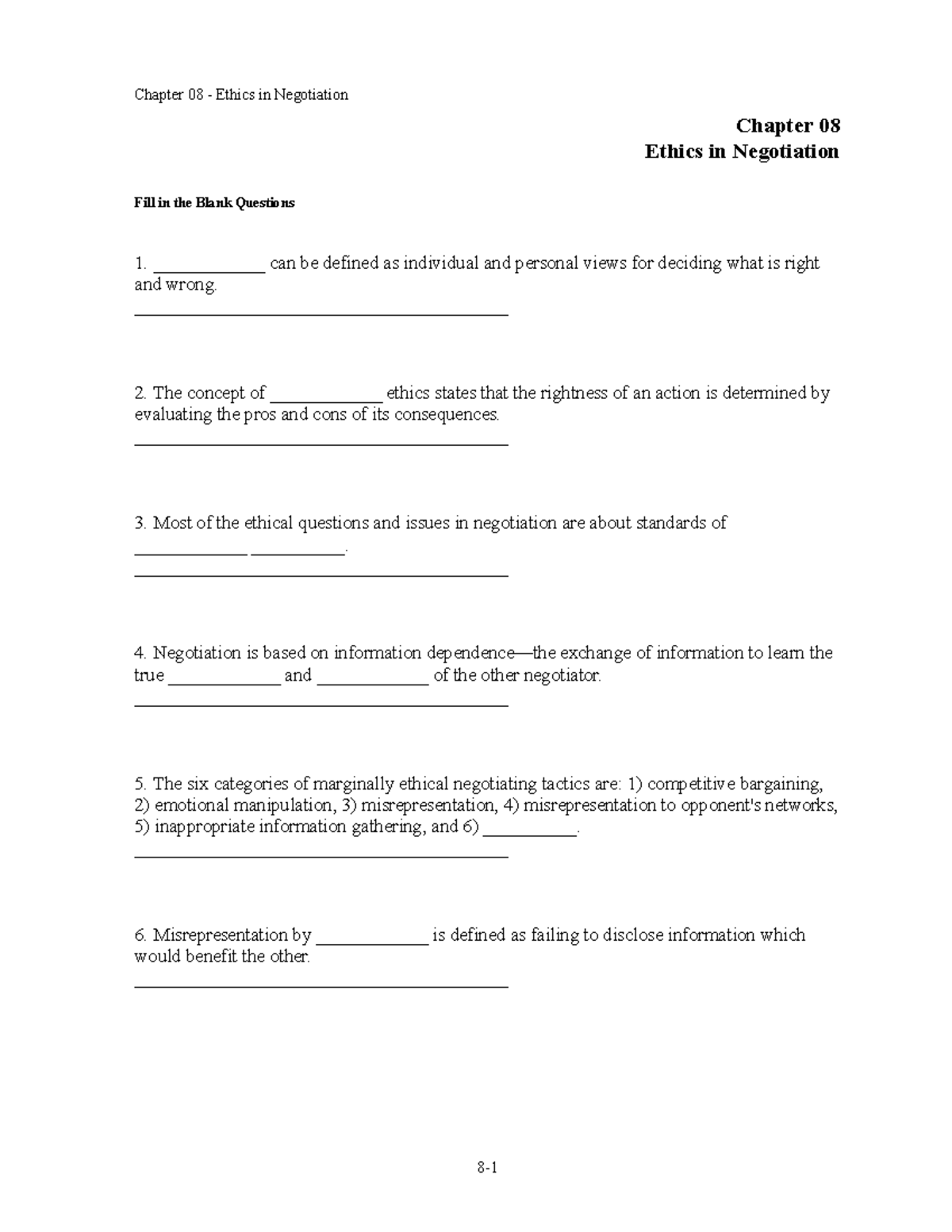 Chap008 - TMAS - Chapter 08 Ethics in Negotiation Fill in the Blank ...