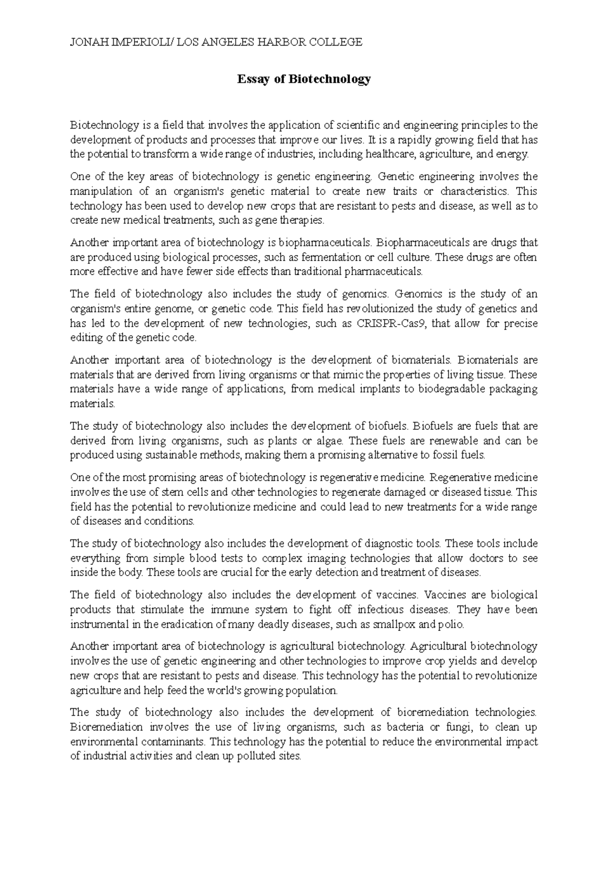 Essay on the Applications and Innovations in Biotechnology - Studocu