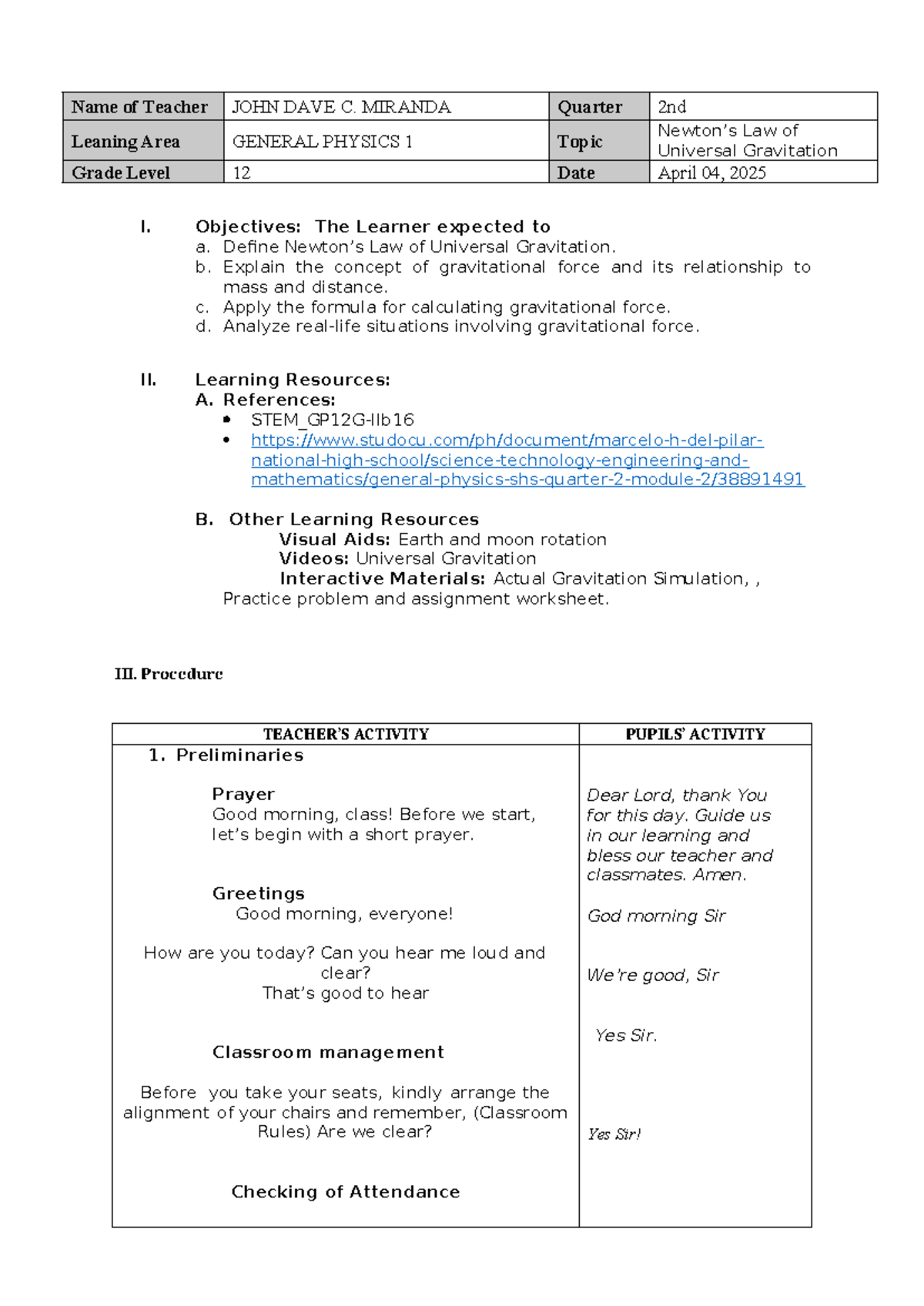 Detailed Lesson Plan in General Physics 1: Law of Universal Gravitation ...