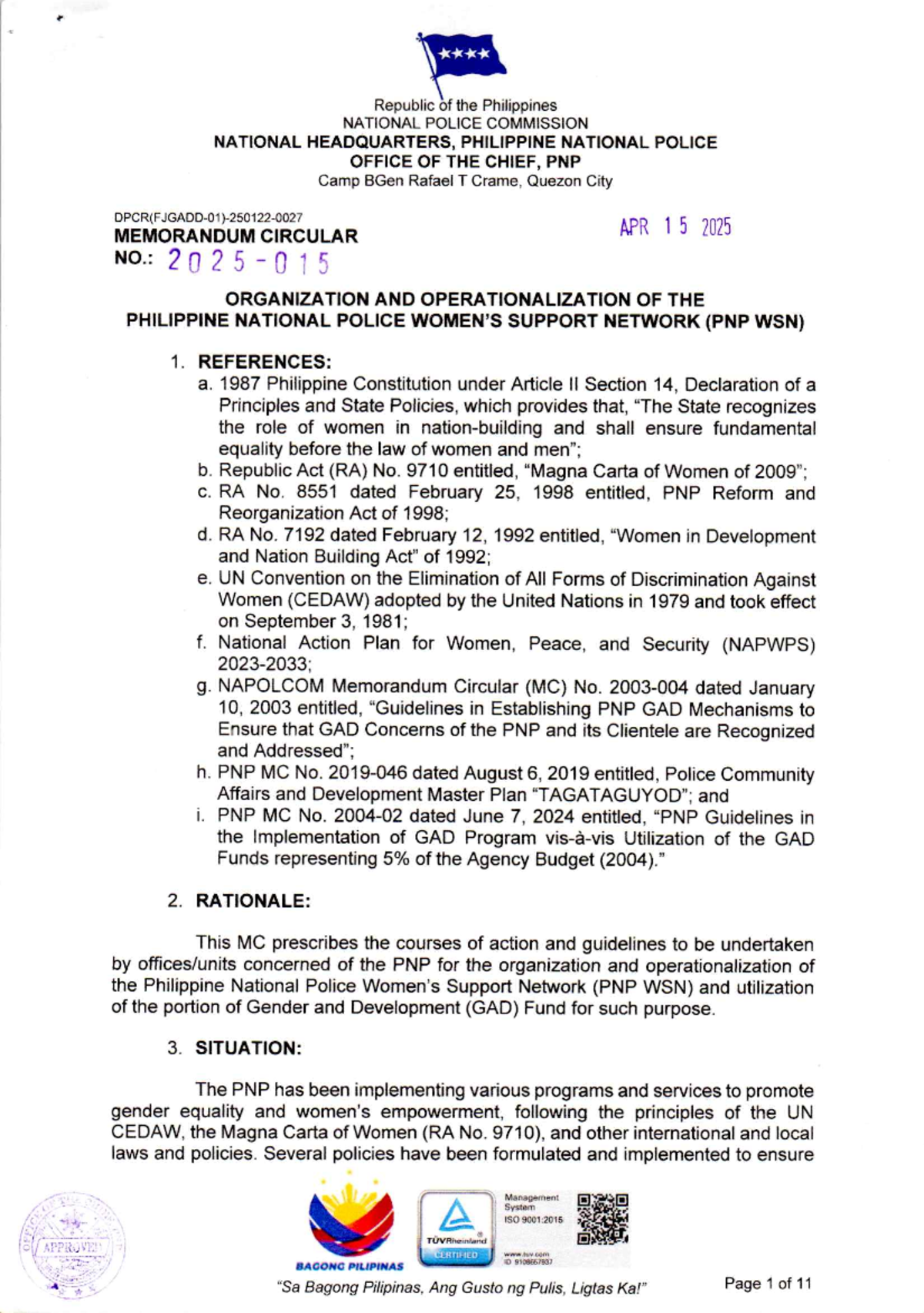 Memorandum Circular No. 015: Operationalizing the PNP Women Support ...