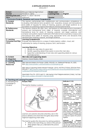 English LP 1 - LESSON PLAN IN ENGLISH 1 School Grade Level & Section 1 ...