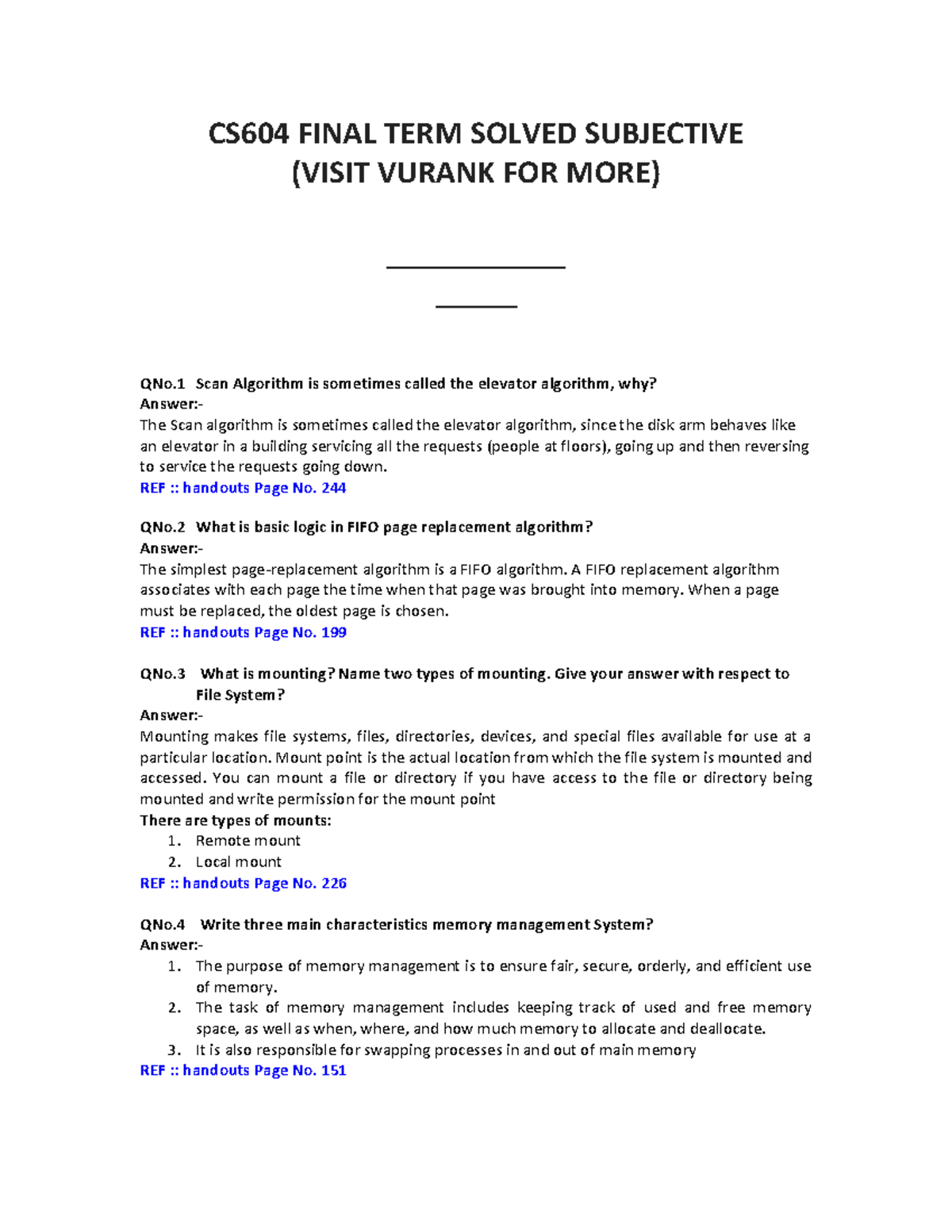 CS604 Final Term Solved Subjective Notes and Solutions - Studocu