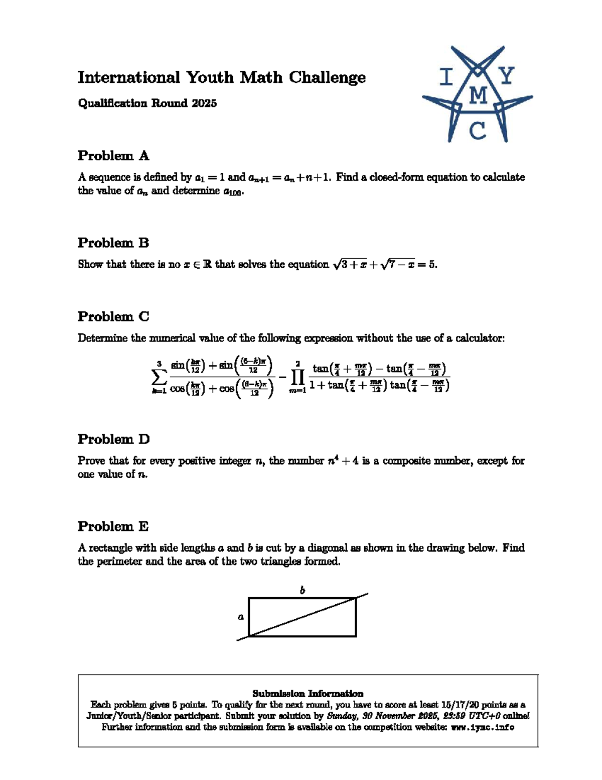 International Youth Math Challenge I Y M Qualification Round 2025 ...