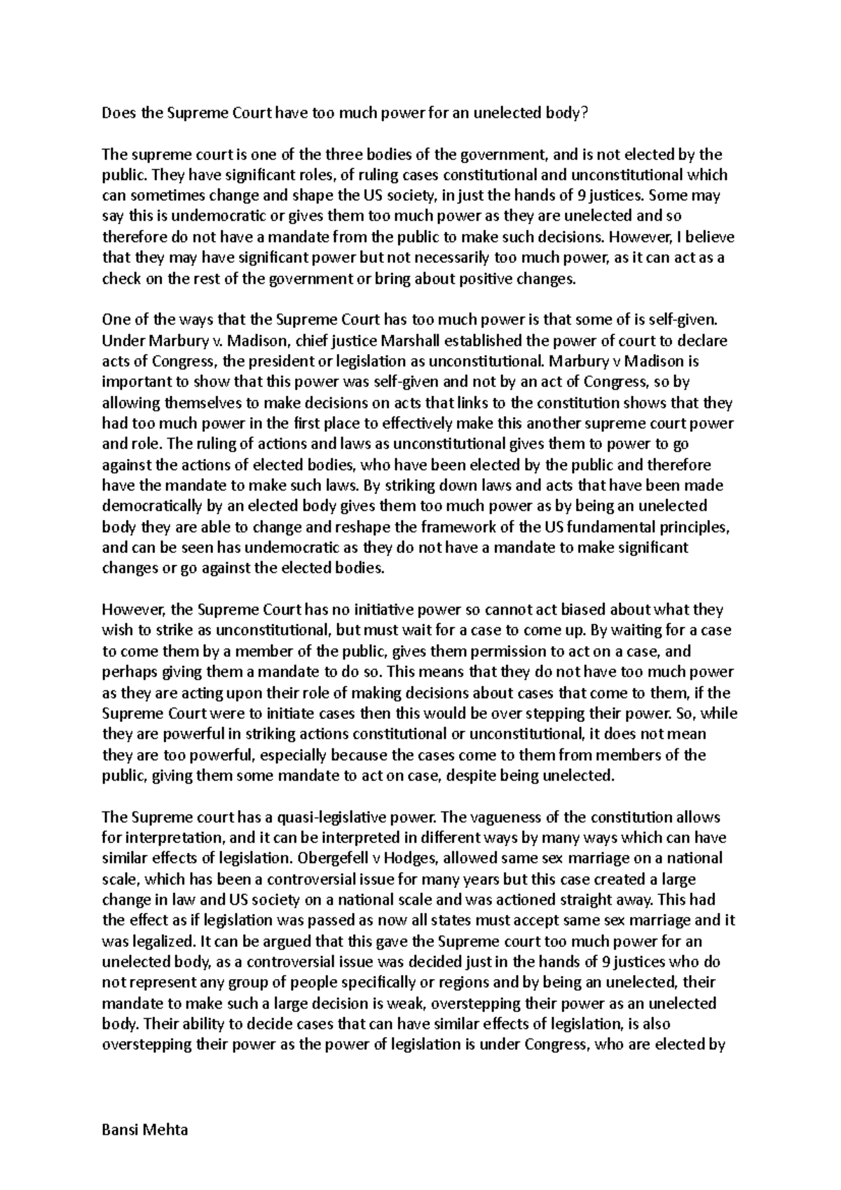 Final Exam Essay: Analyzing the Supreme Court's Power Dynamics - Studocu