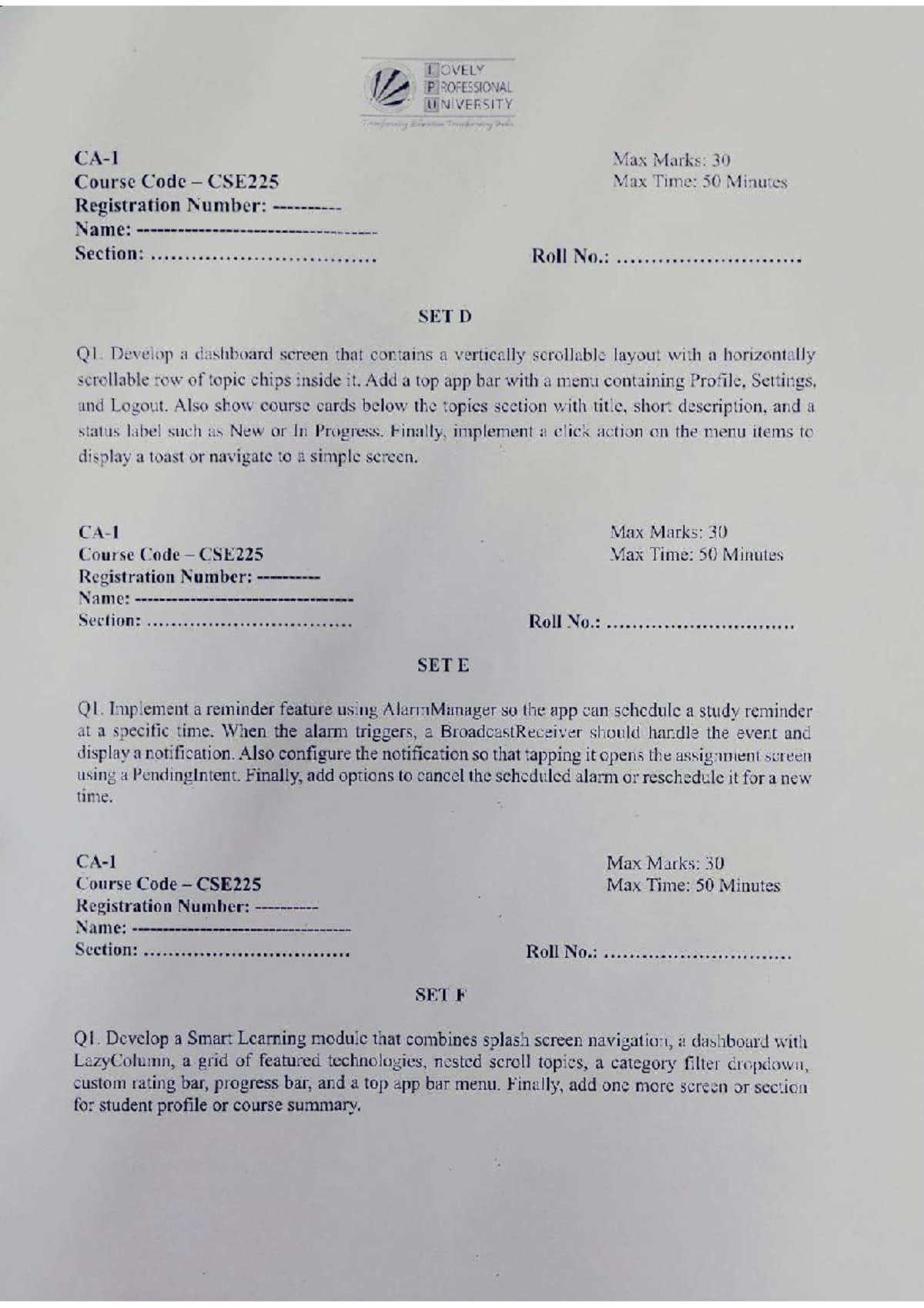 Android Development - CA Question Paper CSE225 - Studocu