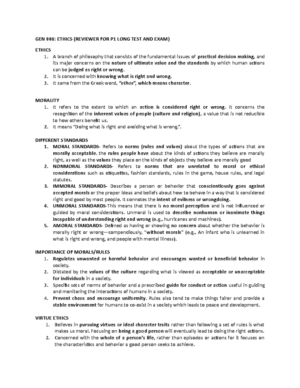 GEN-006: Ethics - Lecture Review Notes for P1 Long Test & Exam - Studocu