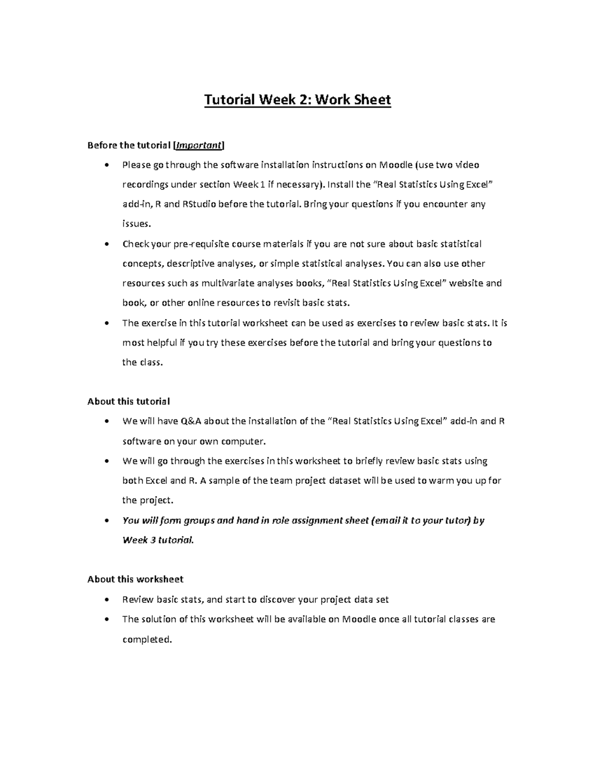 Tutorial Week 2 work sheet - Tutorial Week 2 : Work Sheet Before the ...