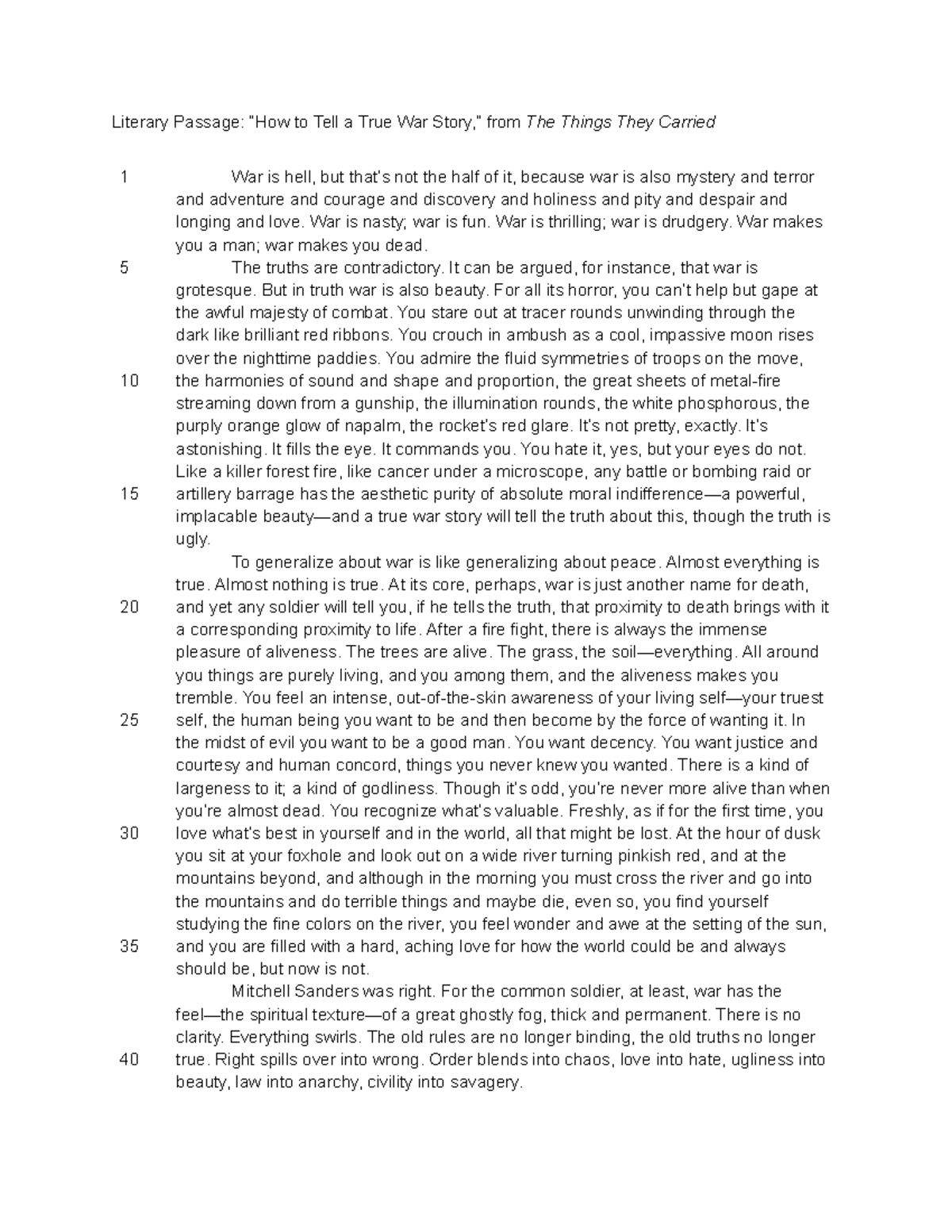 The things they carried passage - Literary Passage: “How to Tell a True ...