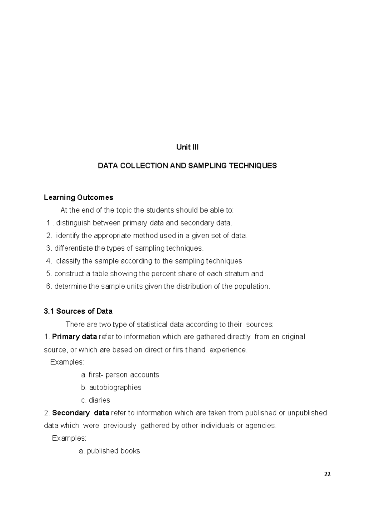 Unit-III - Study - Unit III DATA COLLECTION AND SAMPLING TECHNIQUES ...