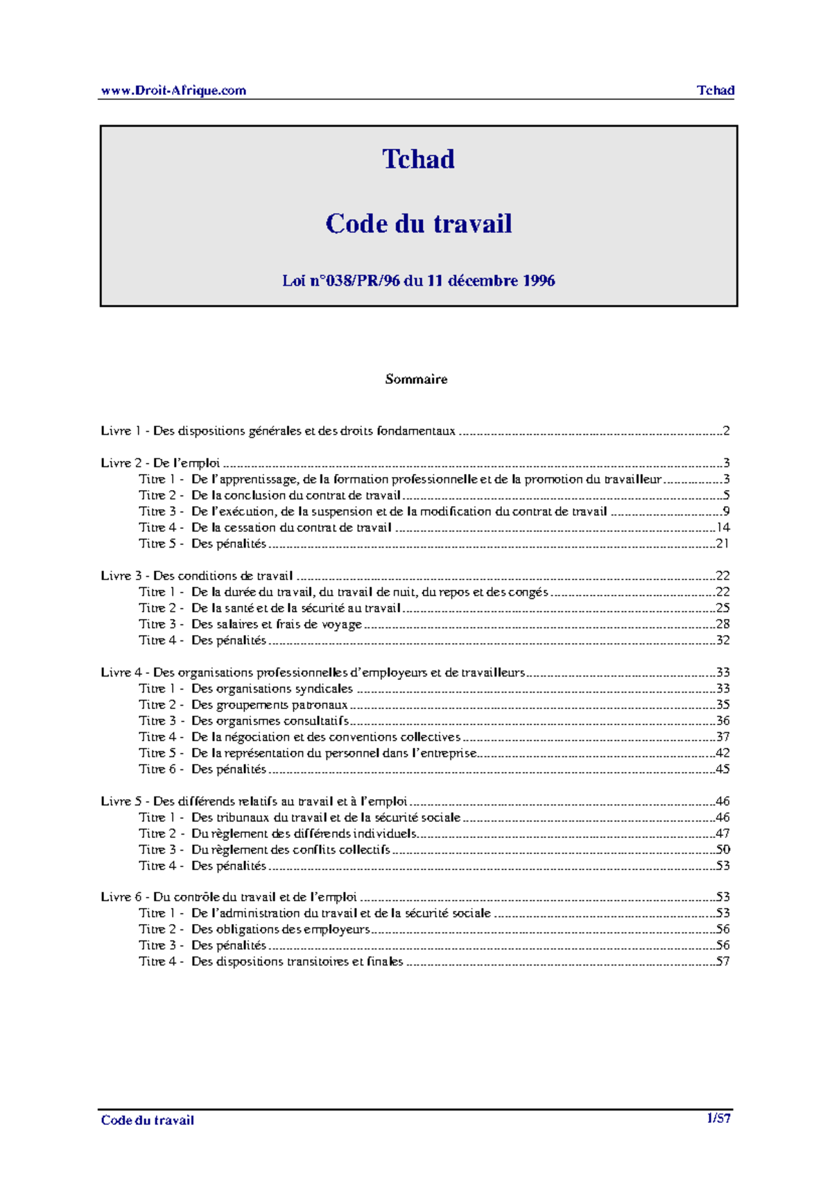 Code du Travail du Tchad - Loi n°038/PR/96 et Dispositions Clés - Studocu