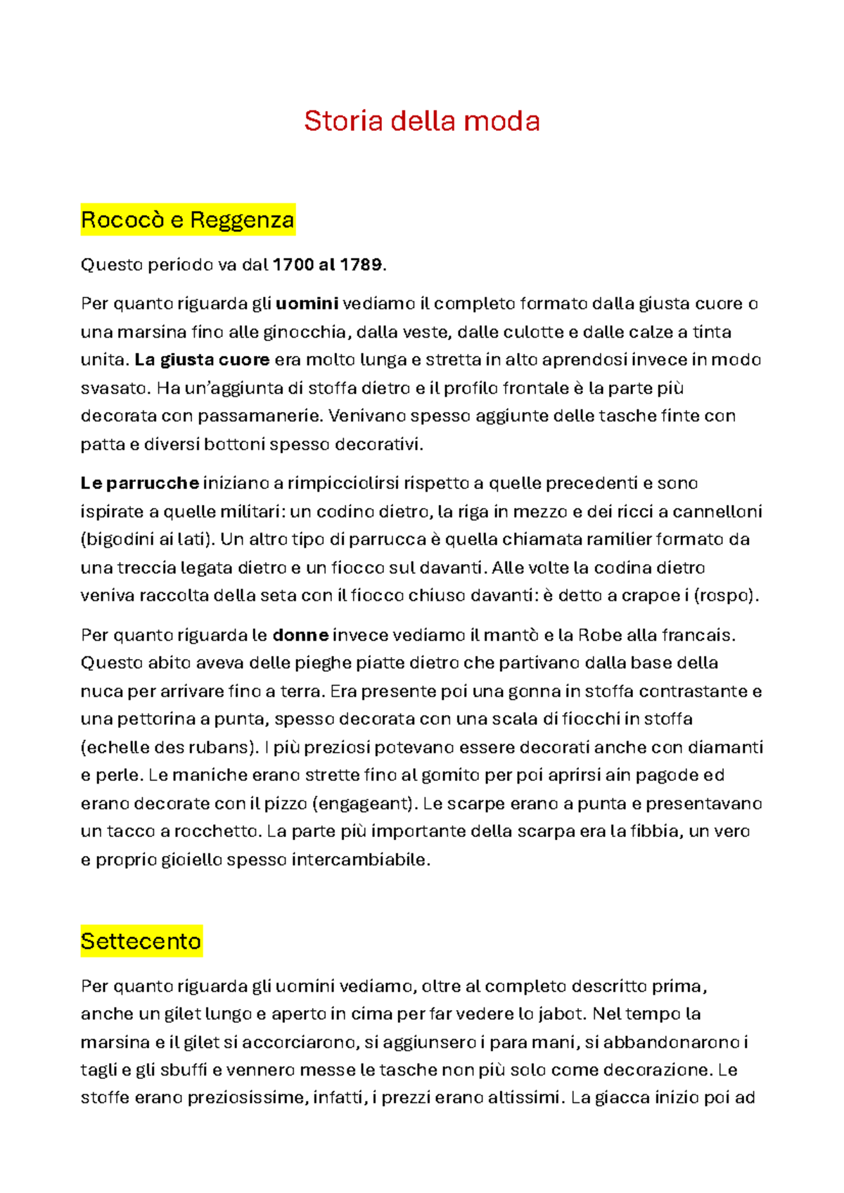 Storia della moda 1700-1830: Rococò, Reggenza e Rivoluzione - Studocu