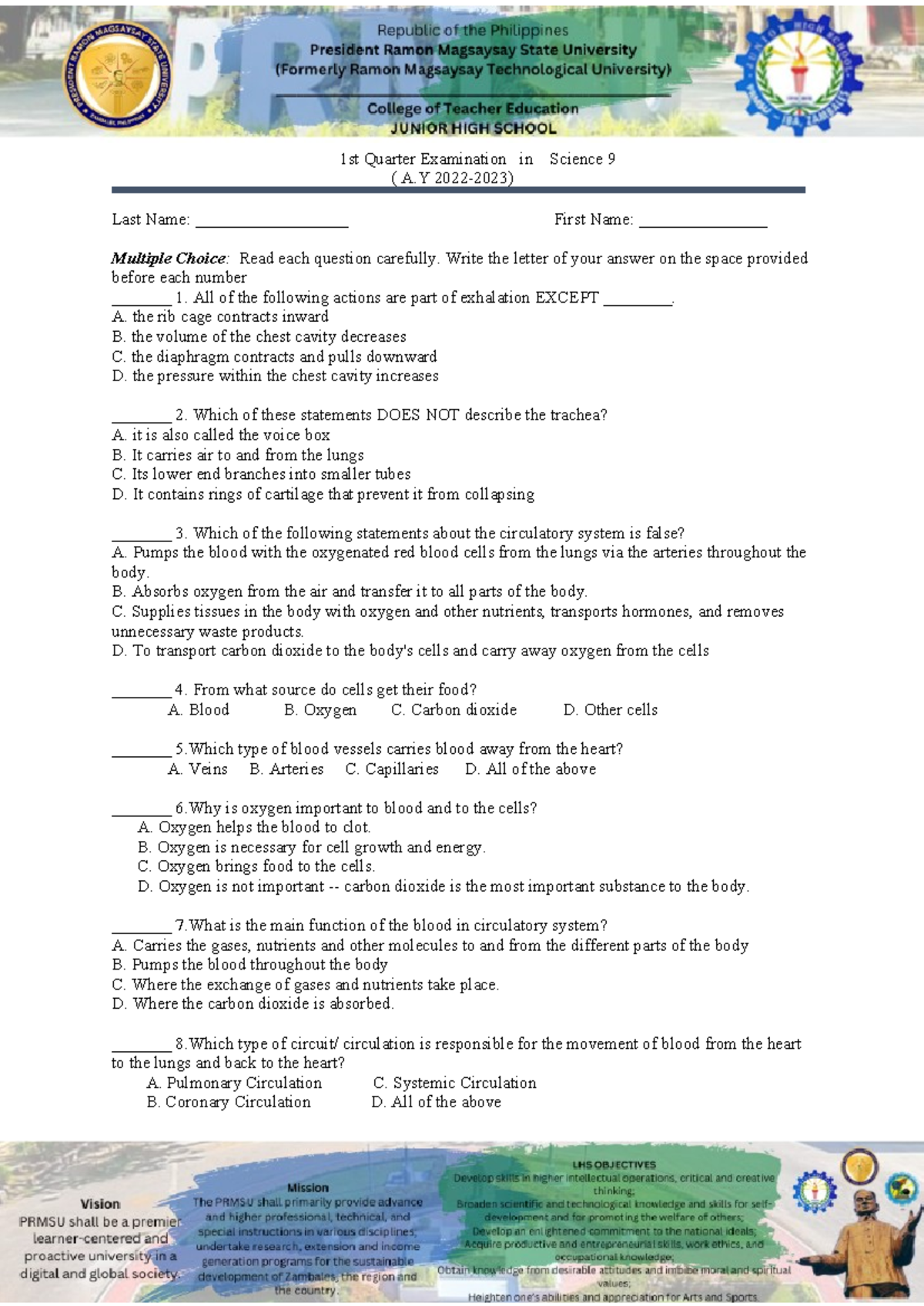 Grade 9.1st Q - science 8 - 1st Quarter Examination in Science 9 ( A ...
