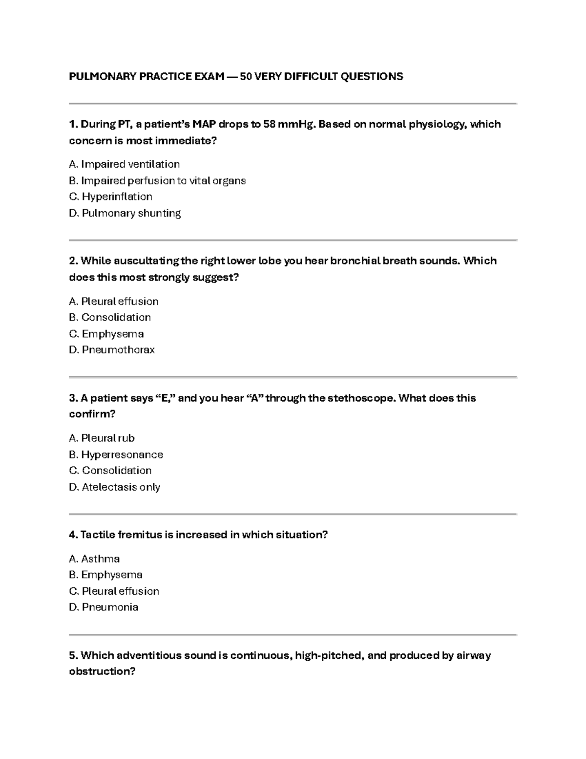 PULMONARY PRACTICE EXAM: 50 CHALLENGING QUESTIONS & ANSWERS - Studocu