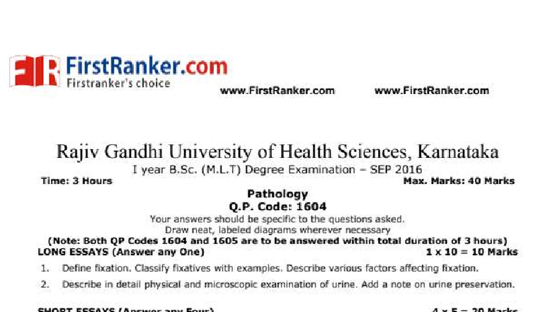 FR 1604-pathology-question-paper - FirstRanker h choice . . Rajiv ...