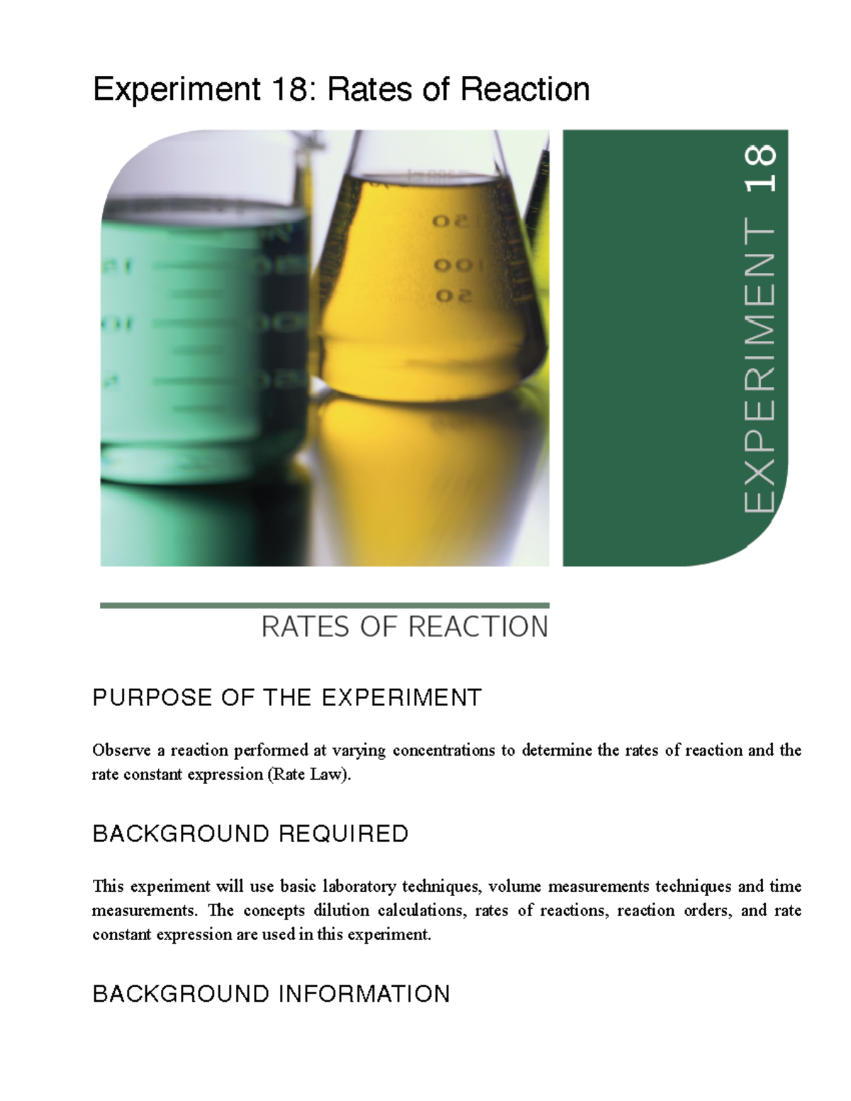 Experiment 18: Analyzing Reaction Rates and Rate Laws - Studocu