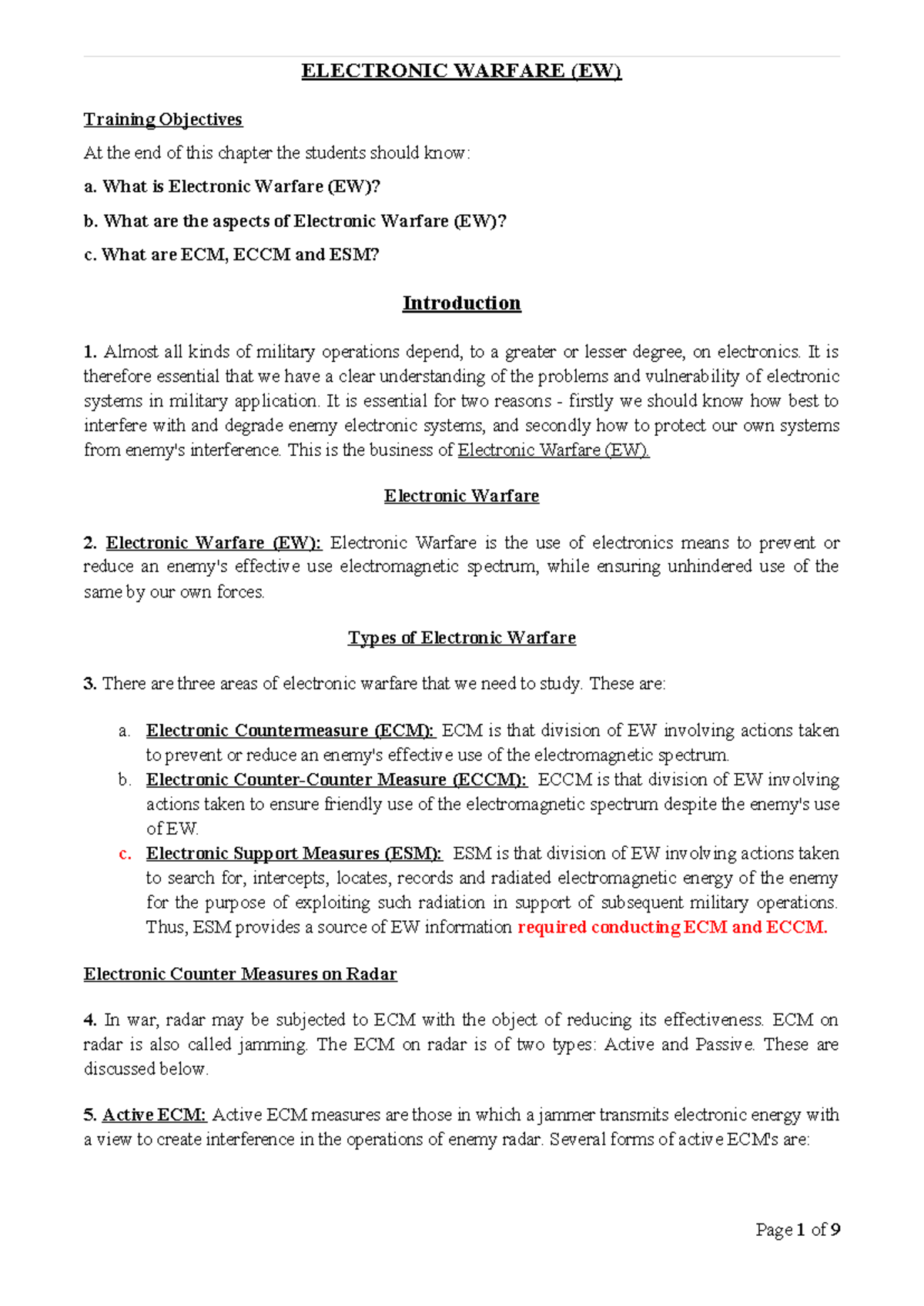 ELECTRONIC WARFARE (EW) Lecture Notes for Radar System Engineering ...