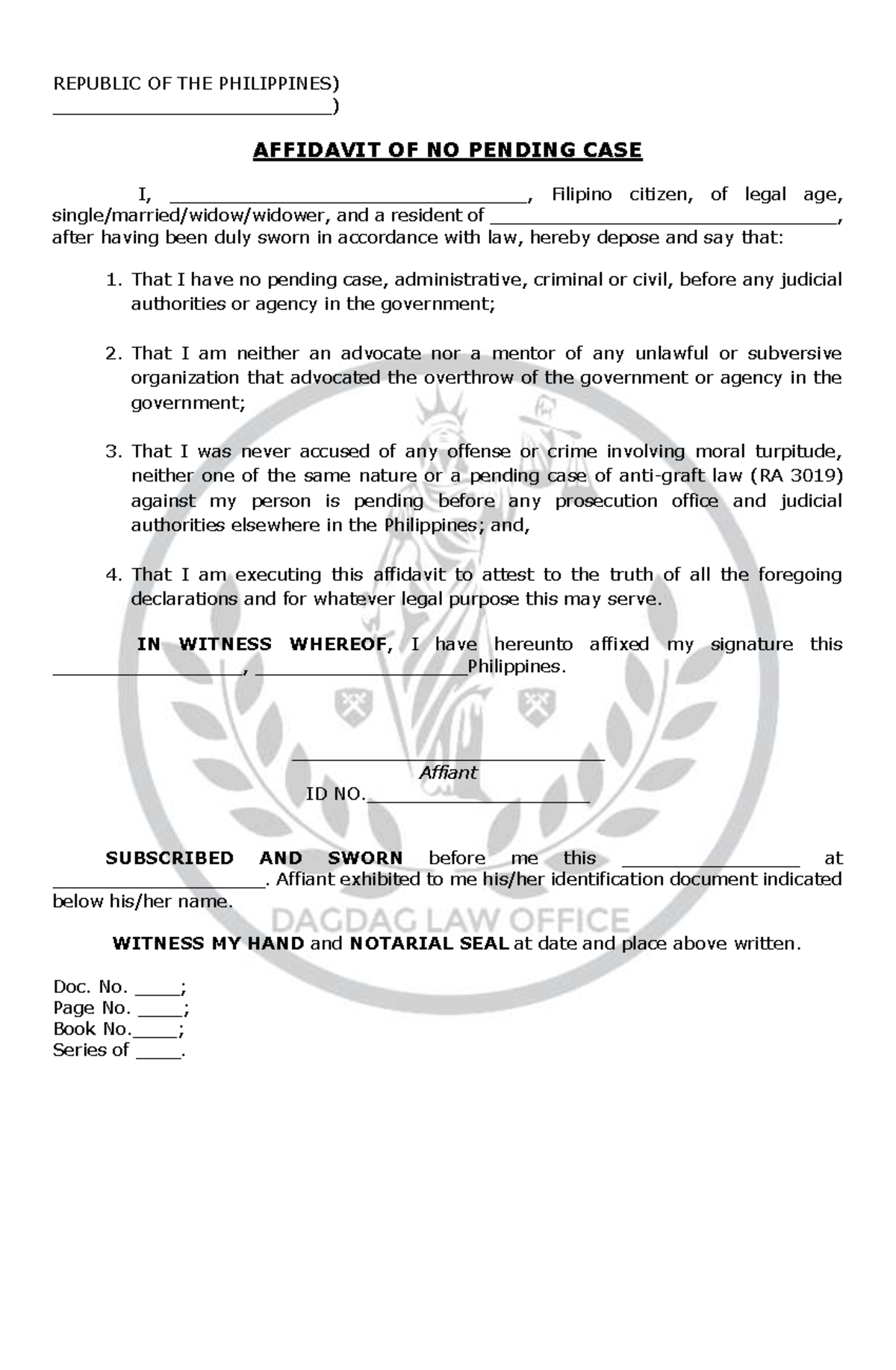 575914999 6 Affidavit of No Pending Case - REPUBLIC OF THE PHILIPPINES
