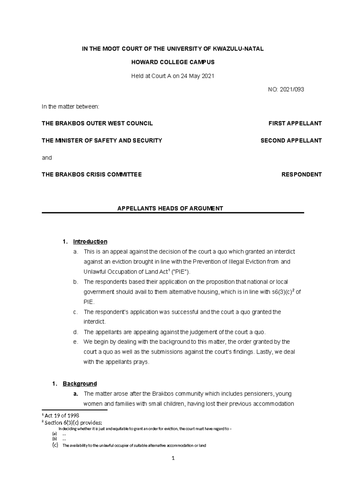 Heads of Argument - Appeal Case 2021: Brakbos Community vs. Council ...