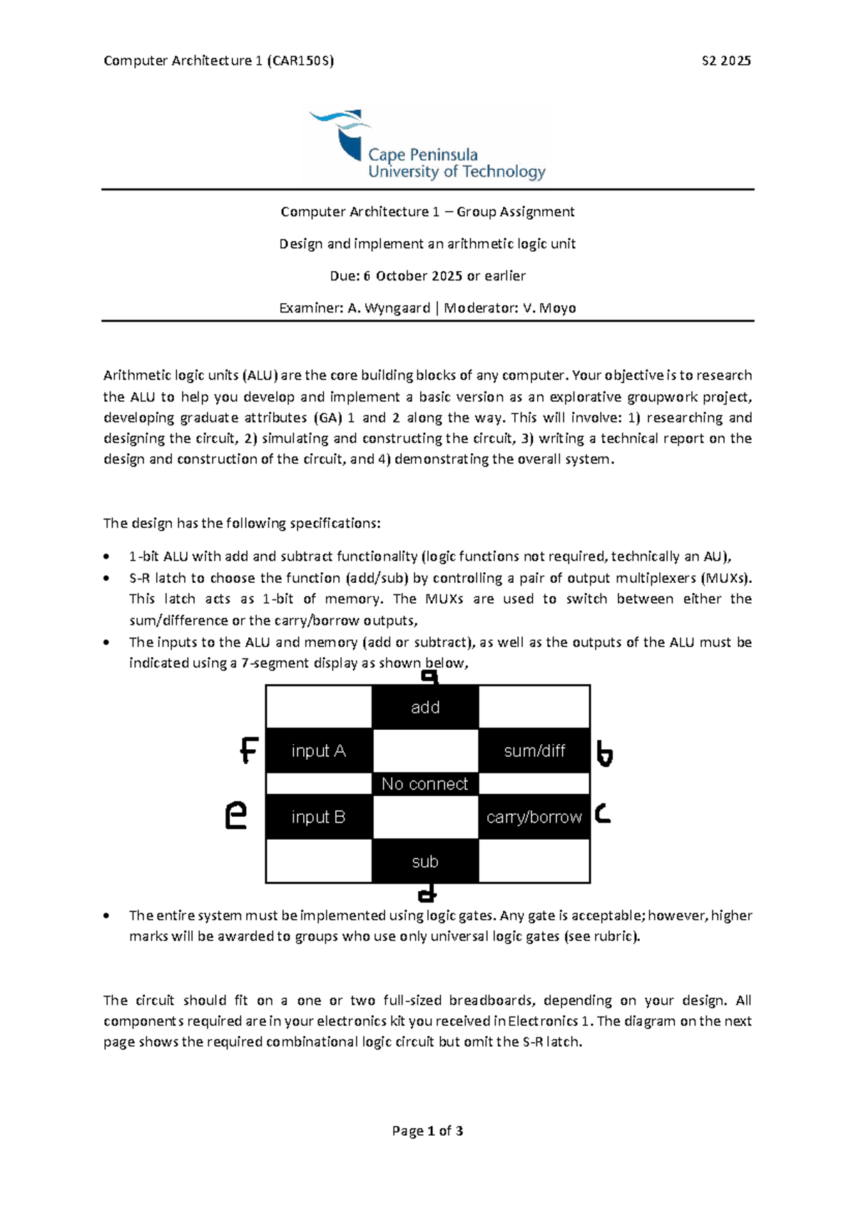 Computer Architecture 1 (CAR150S) S2 2025 ALU Group Assignment - Studocu
