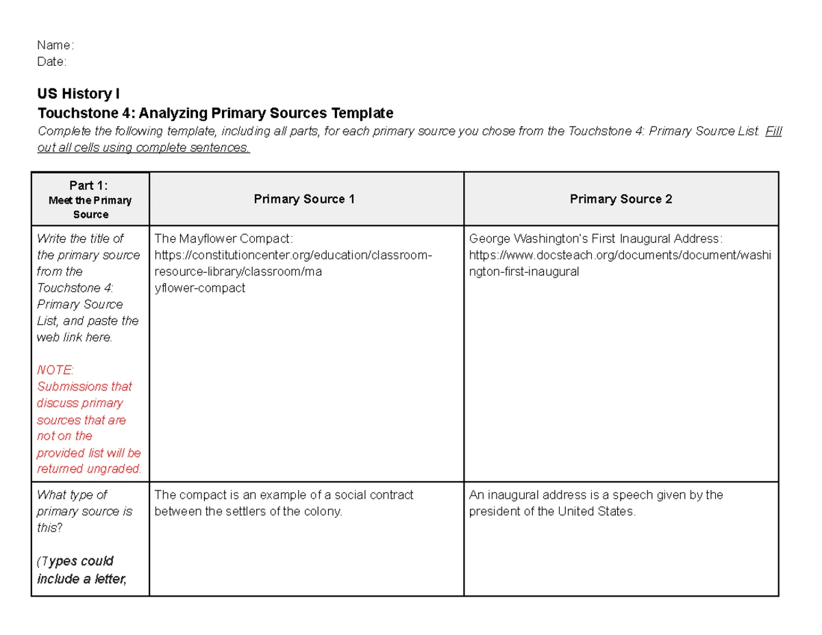 US History I Touchstone 4: Primary Source Analysis Template - Studocu