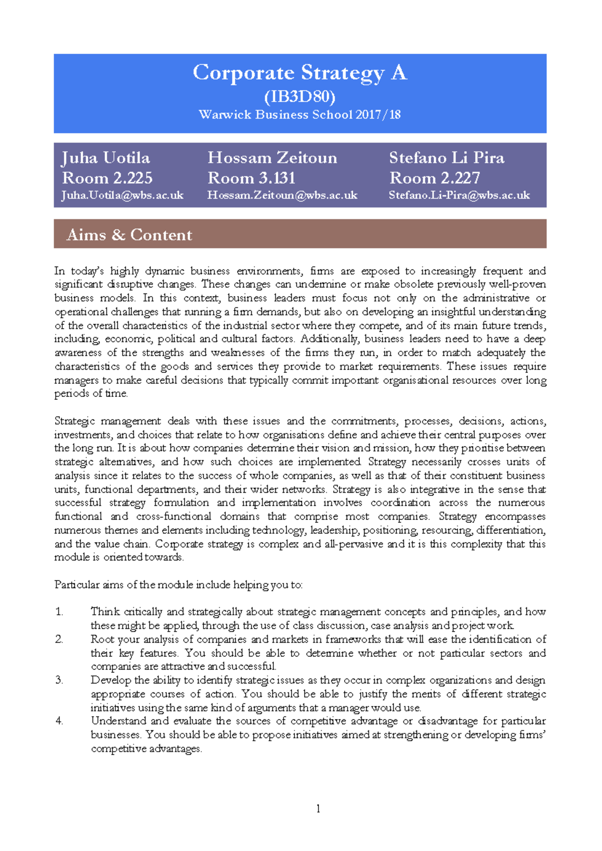Corporate Strategy A Module Outline 2017 - In today’s highly dynamic ...