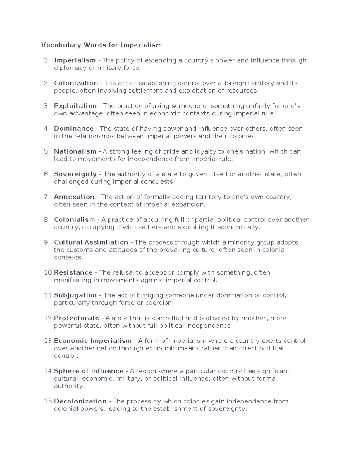 Imperialism Vocabulary Terms: Key Concepts and Definitions - Studocu