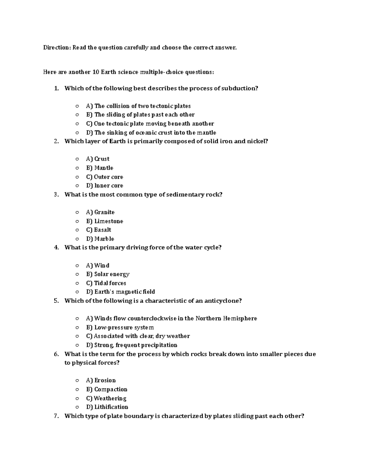 Y20 - Earth Science Quiz: Geological Processes & Natural Hazards - Studocu