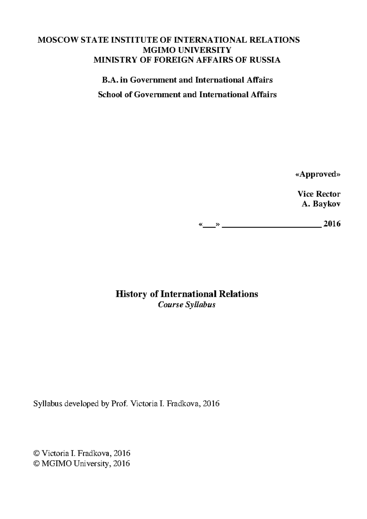 History of IR Mgimo SGIA 2016 - MOSCOW STATE INSTITUTE OF INTERNATIONAL ...