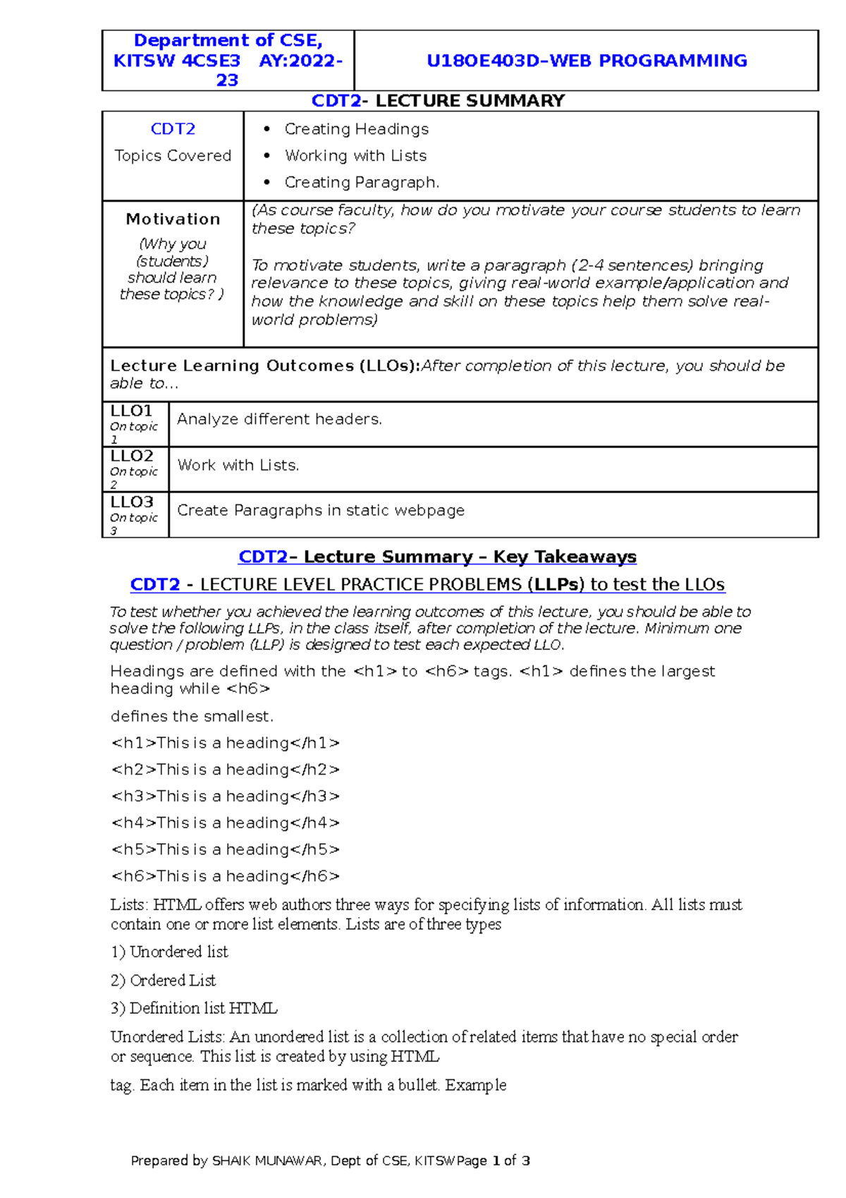 Wp Cdt2 Summary Hshsjs Department Of Cse Kitsw 4cse3 Ay2022 23 U18oe403dweb Programming