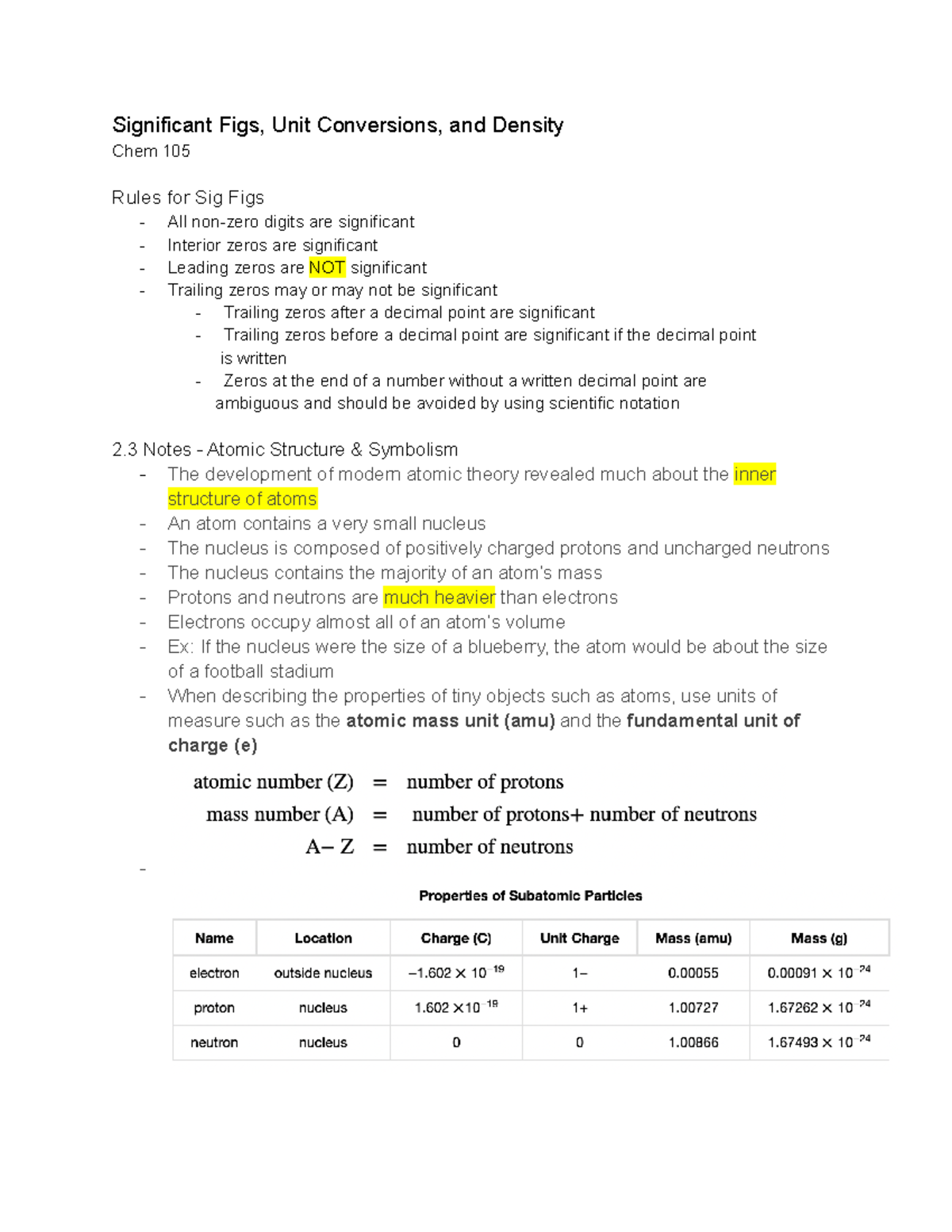 Chem 105 Lecture Notes: Significant Figures, Molarity, & Atomic ...