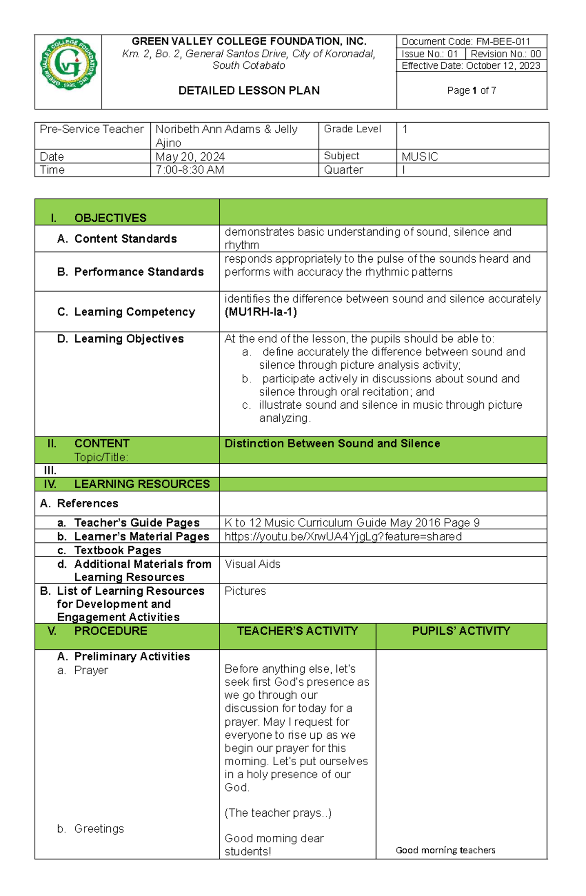 MUSIC I Detailed Lesson Plan: Distinction Between Sound & Silence - Studocu