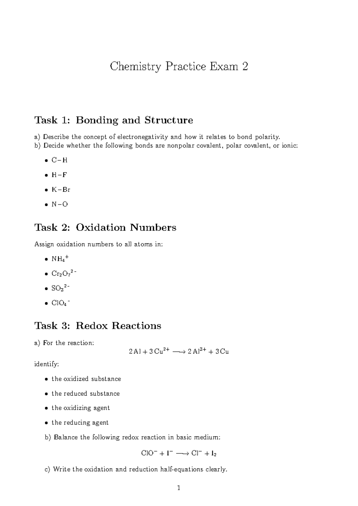 Chemistry Practice Exam 2: Bonding, Structure & Redox Reactions - Studocu