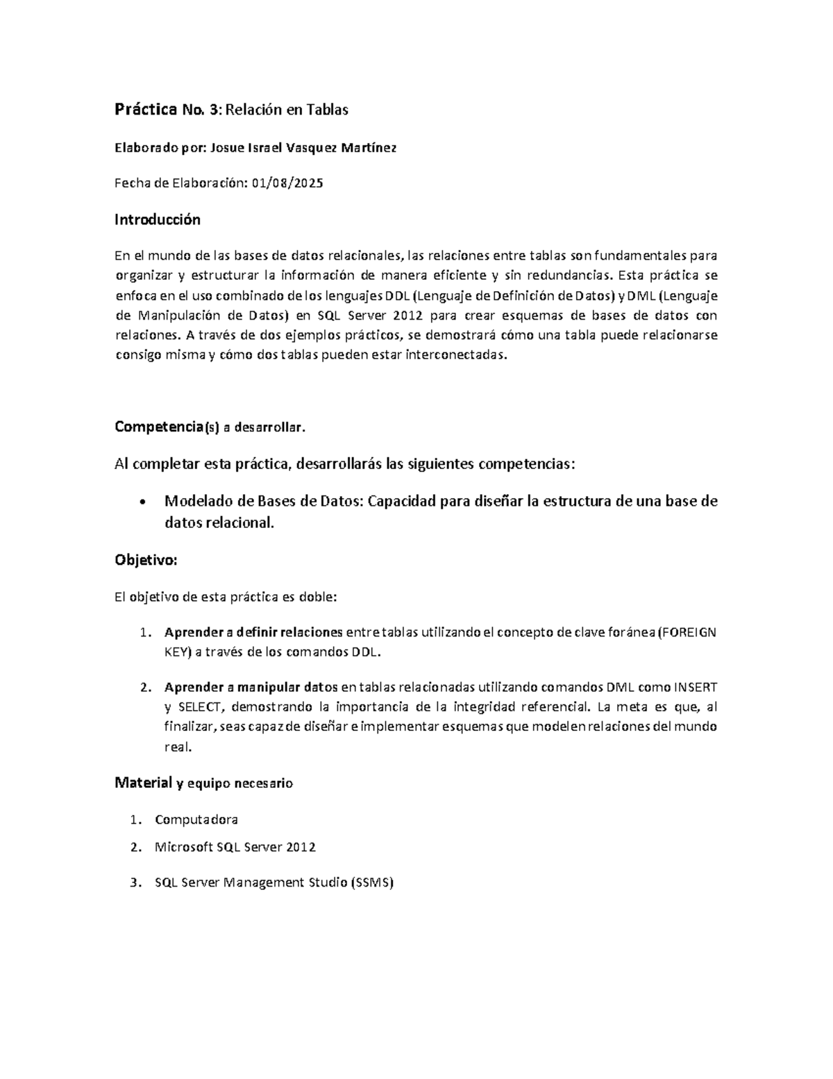 Práctica No. 3: Creación y Relación de Tablas en SQL Server 2012 - Studocu