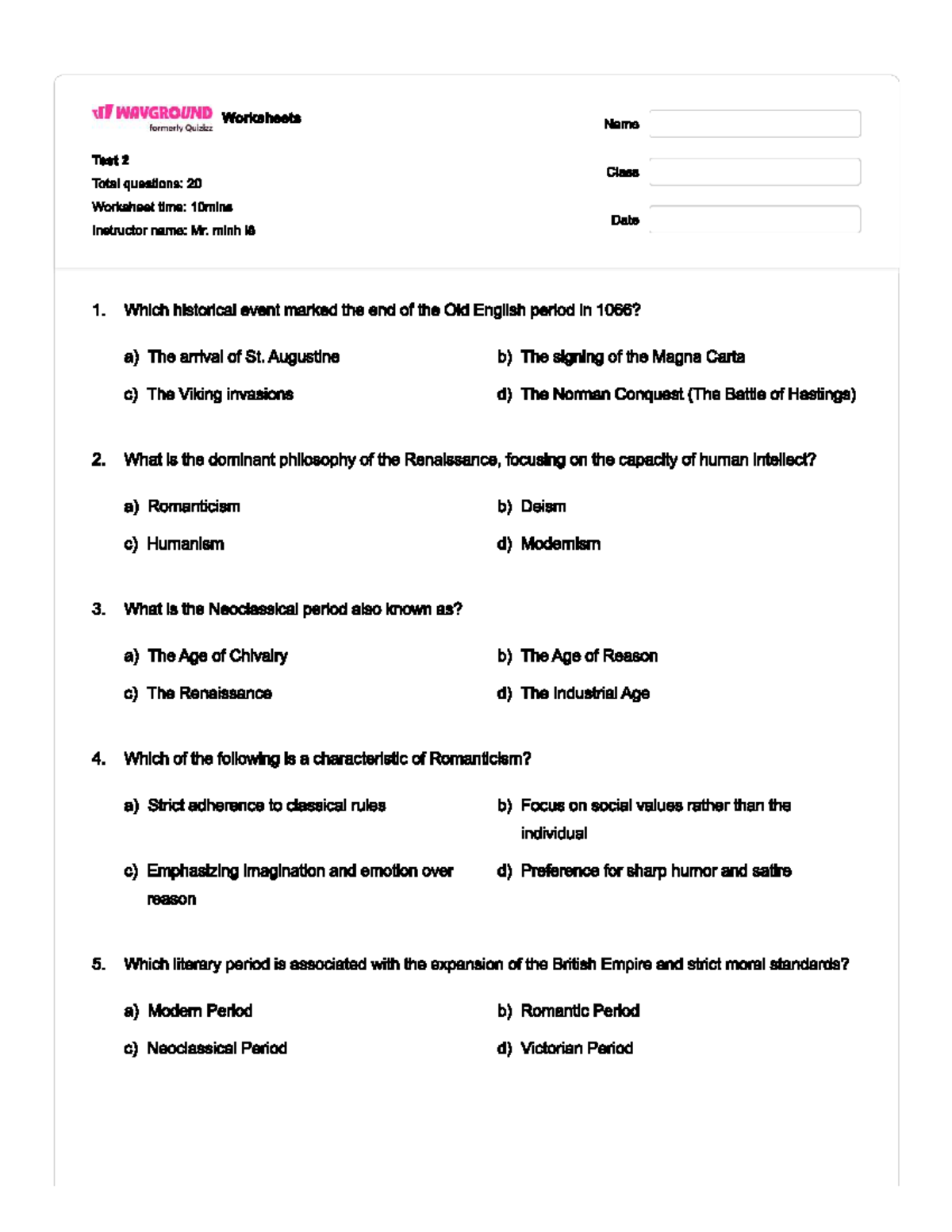 British Literature MCQ Practice - Sample 3 (Quiz) - Studocu