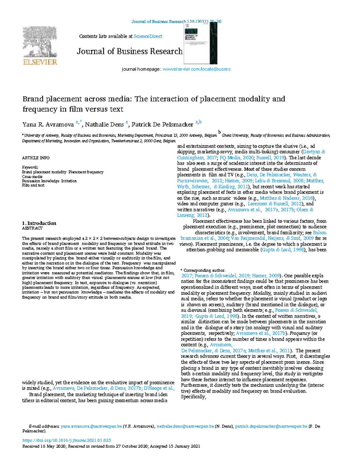 Placement Modality and Brand Attitude: Insights from JBR 2021 - Studocu