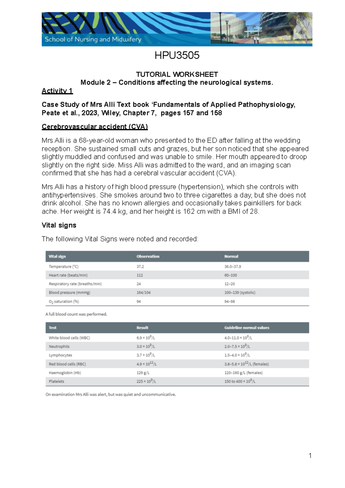 HPU3505 Tutorial Worksheet: Case Study of Mrs. Alli's CVA - Studocu