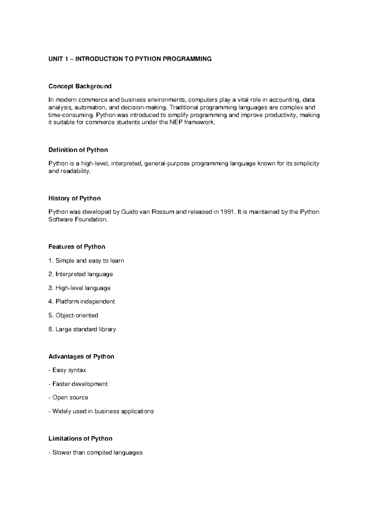 BCom 3rd Sem Python Unit 1: Intro to Programming Concepts - Studocu