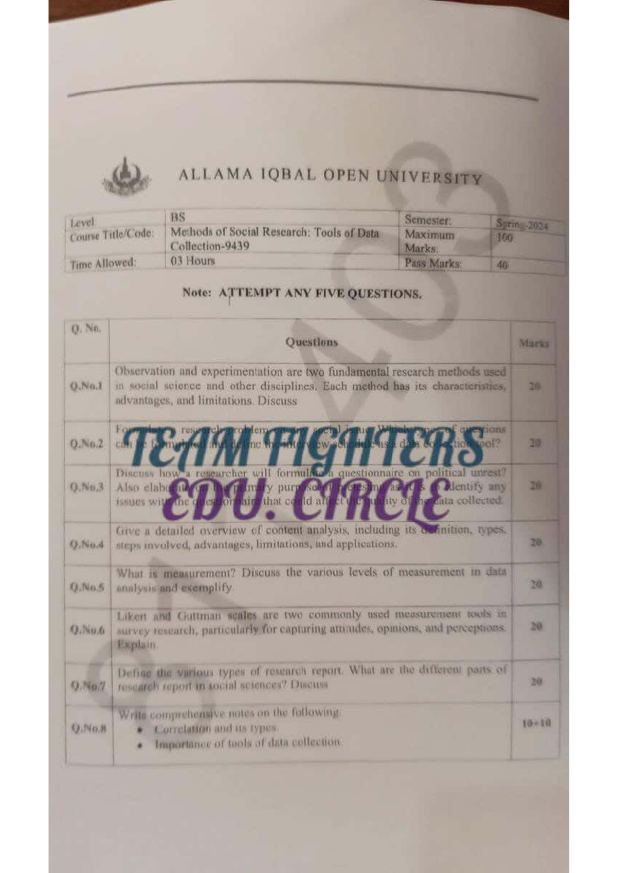 AIOU-9439 Research Methods: Observation, Experimentation & Content ...