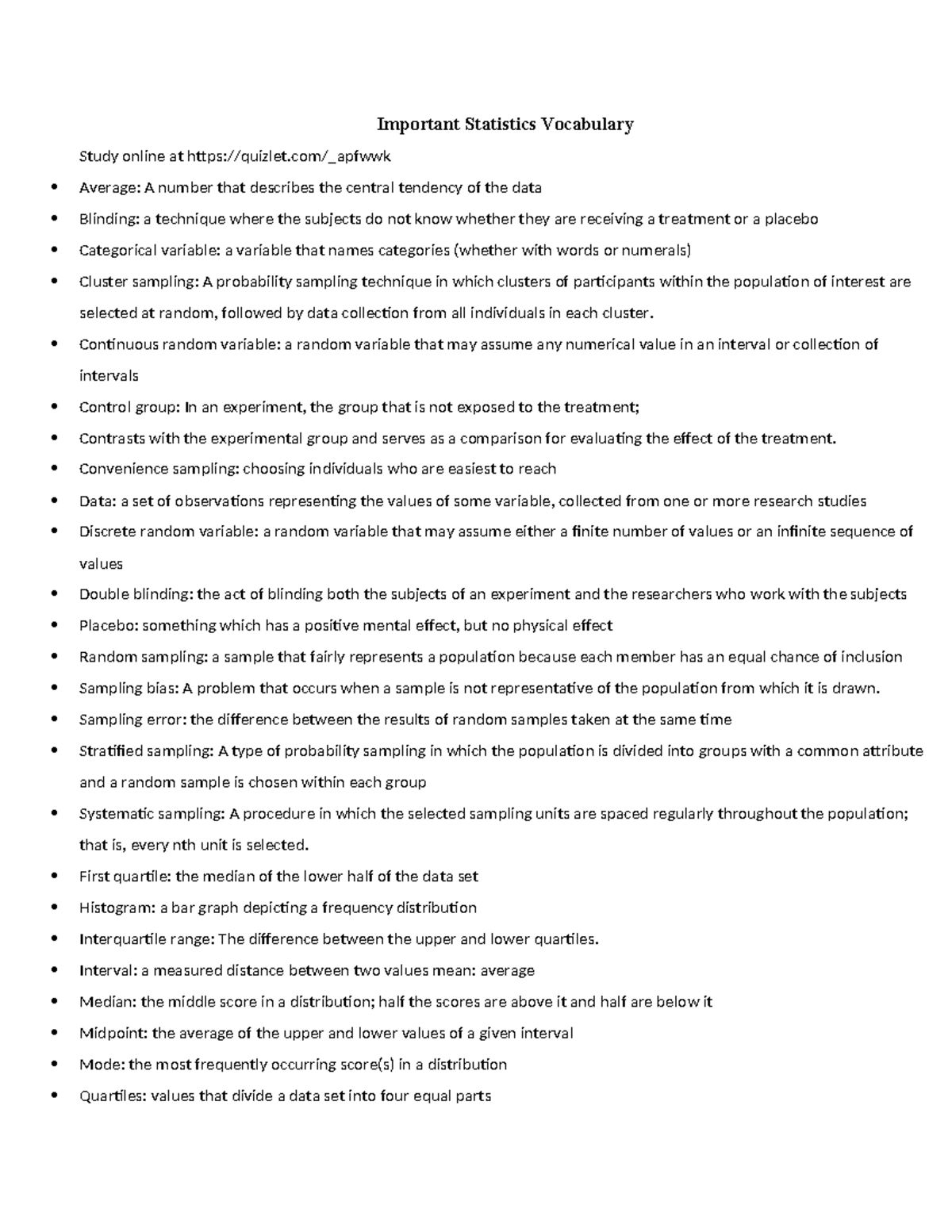 Statistics Vocabulary Study Guide: Key Terms and Concepts - Studocu