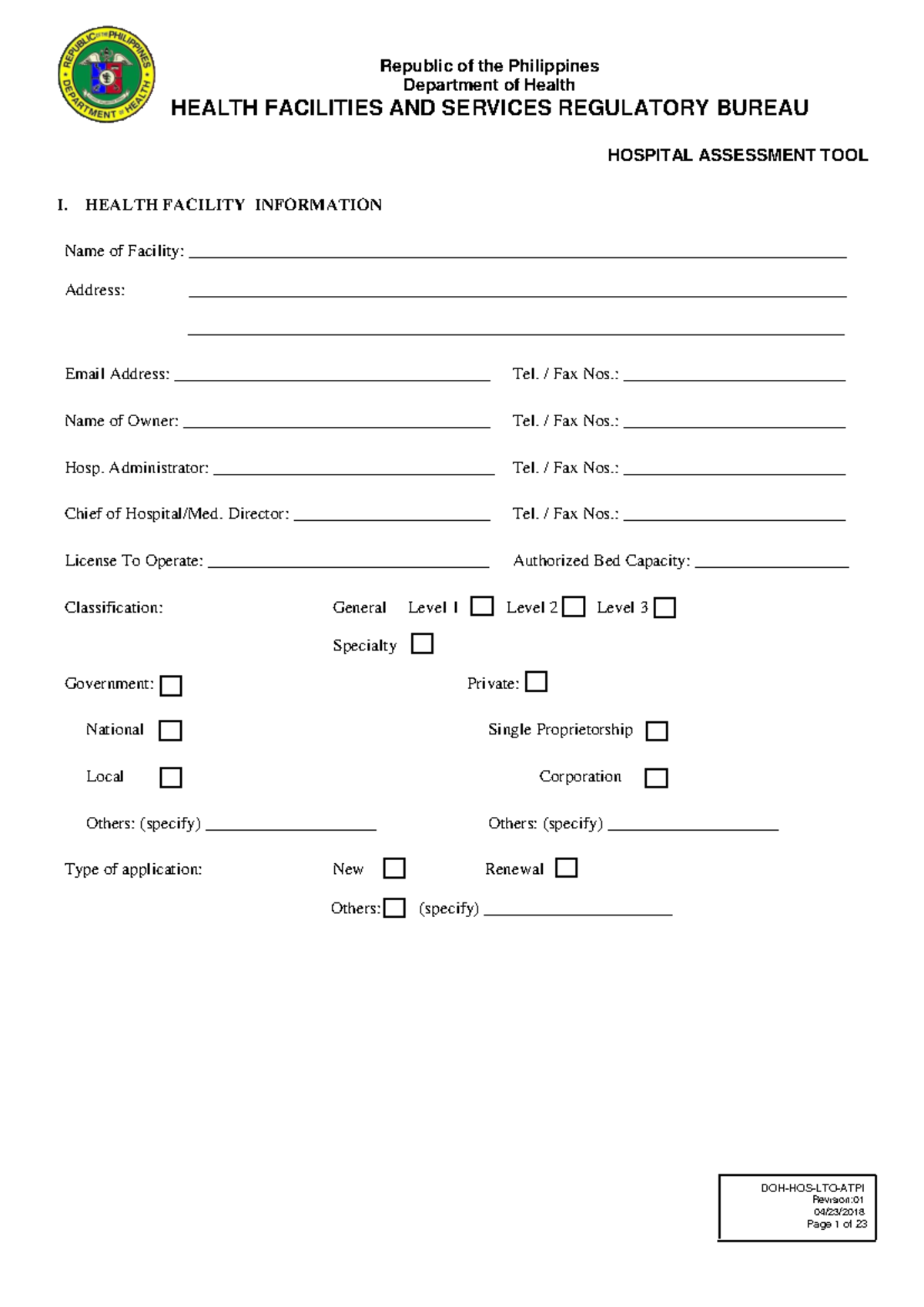 Hospital Assessment Tool (DOH-HOS-LTO-ATPI) Guidelines for Facilities ...