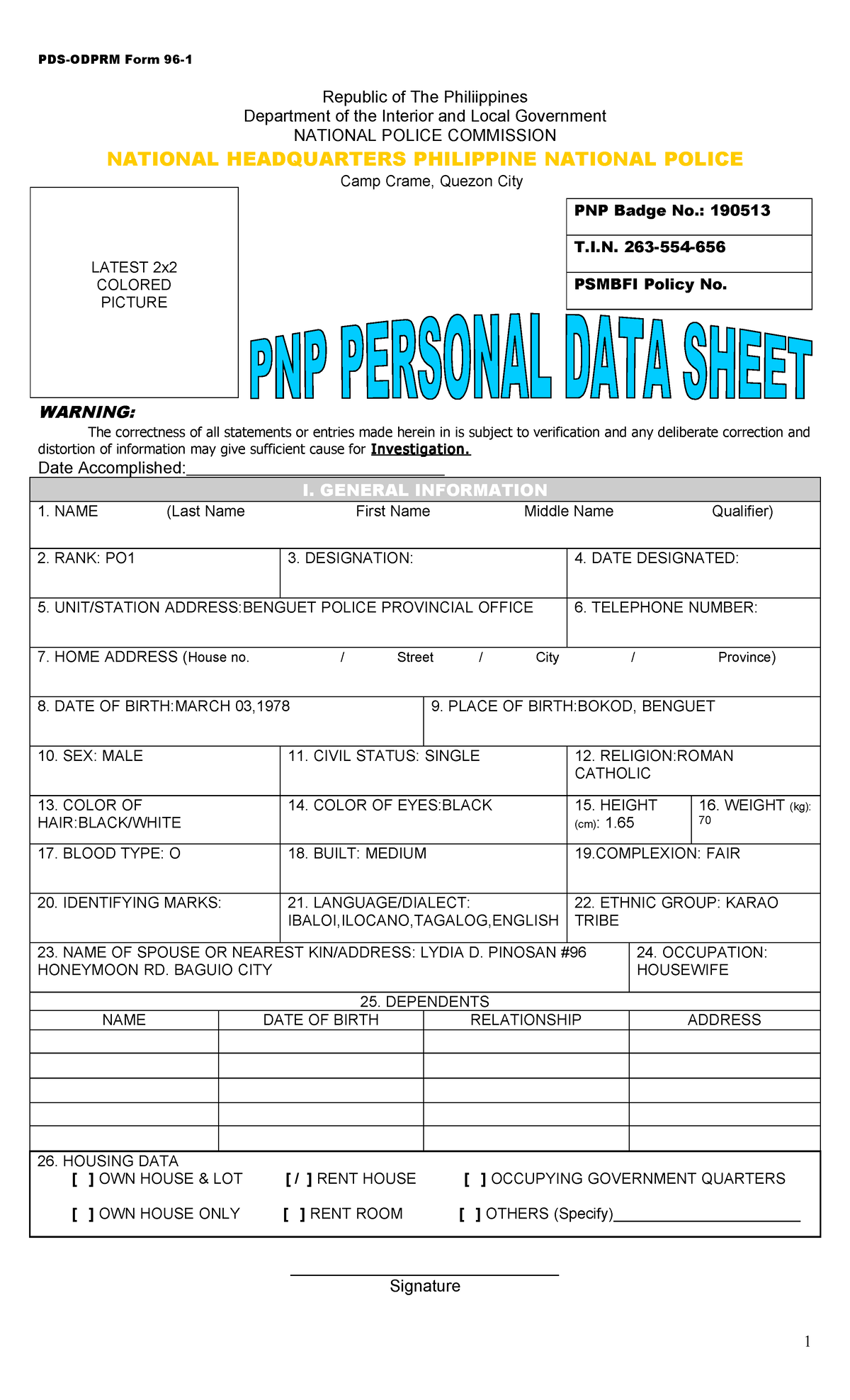 PDS-ODPRM Form 96-1 for Philippine National Police Personnel - Studocu